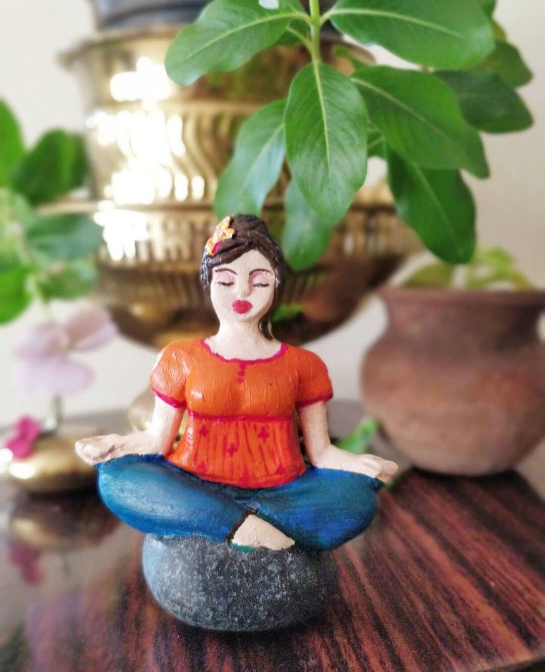Miniature Clay Sculpture of Lady Meditating on Rock Pebble - Etsy