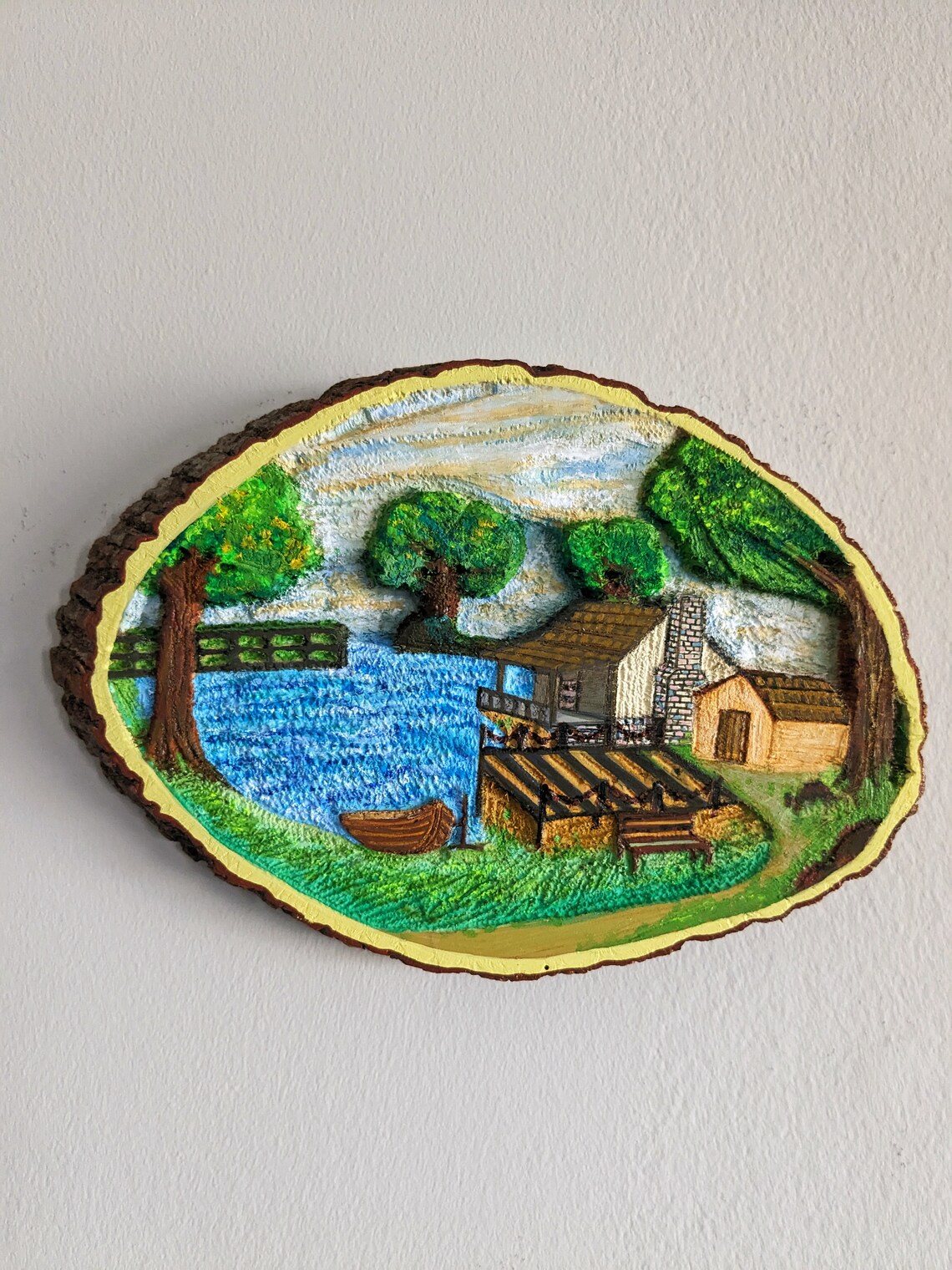 Cabin by the Lake - Textured Wood Carving Painting - Etsy