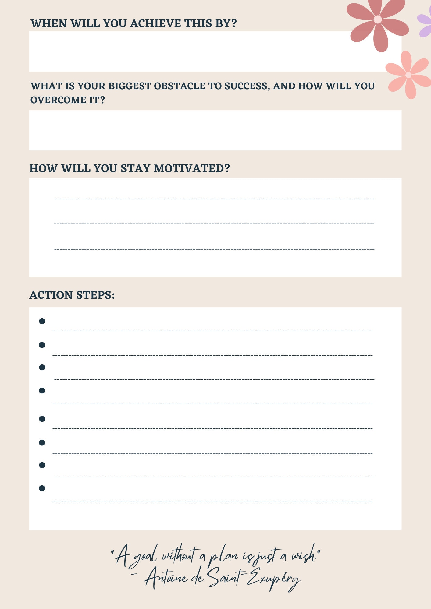 Digital Goal Setting Workbook, Printable Goal Workbook, Flower Themed ...