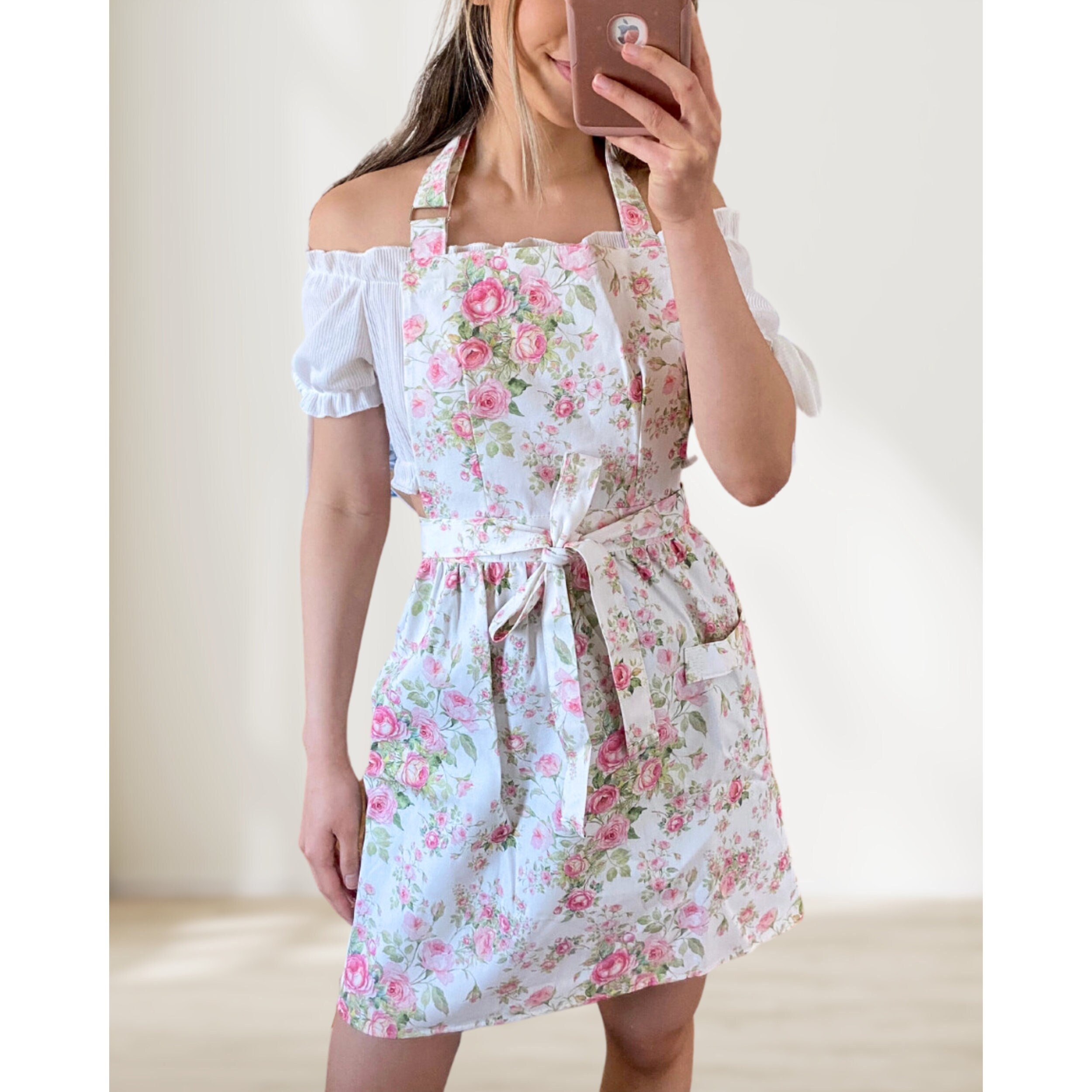 Womens Floral Kitchen Apron in Pink or Blue, Tie Front Apron With Towel ...