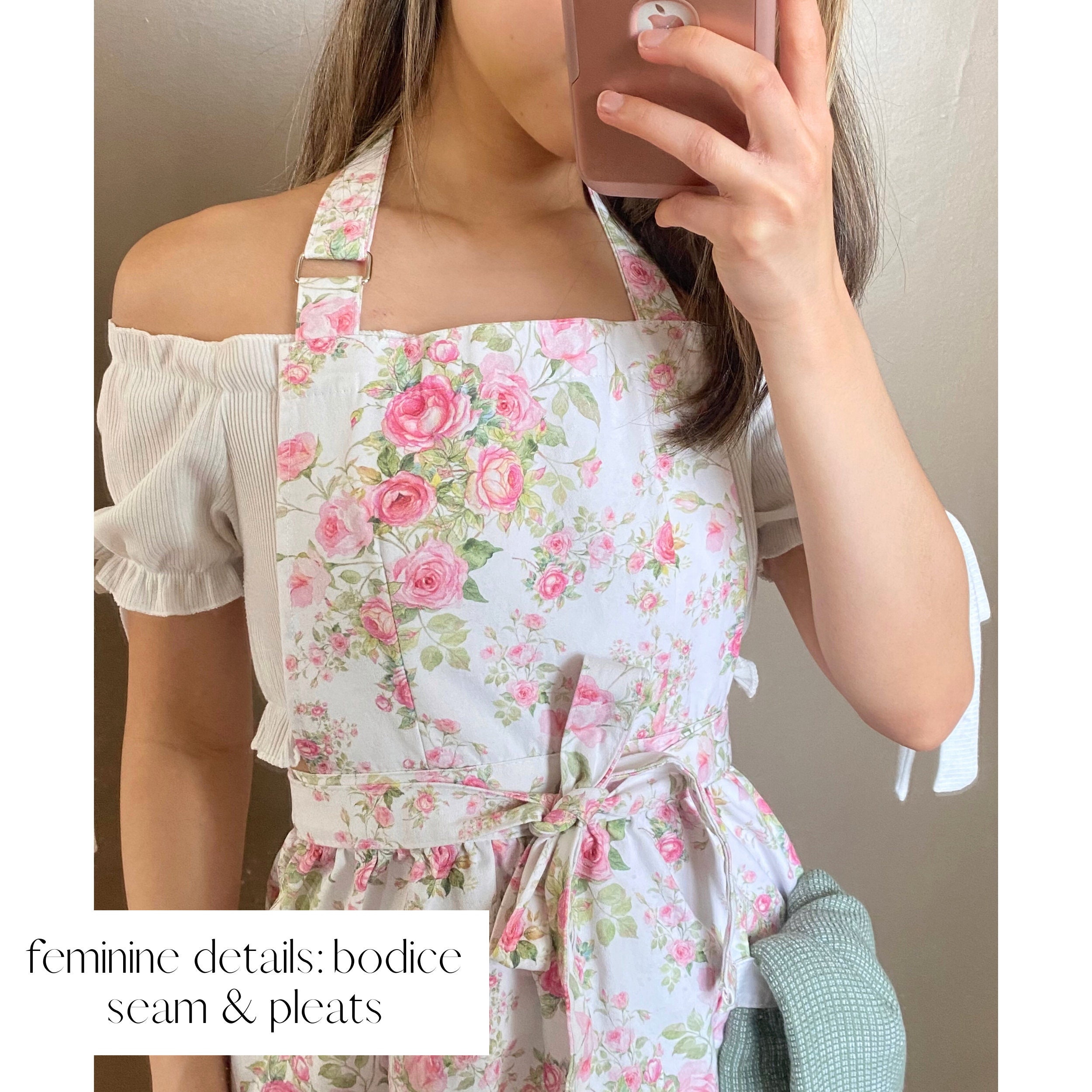 Womens Floral Kitchen Apron in Pink or Blue, Tie Front Apron With Towel ...