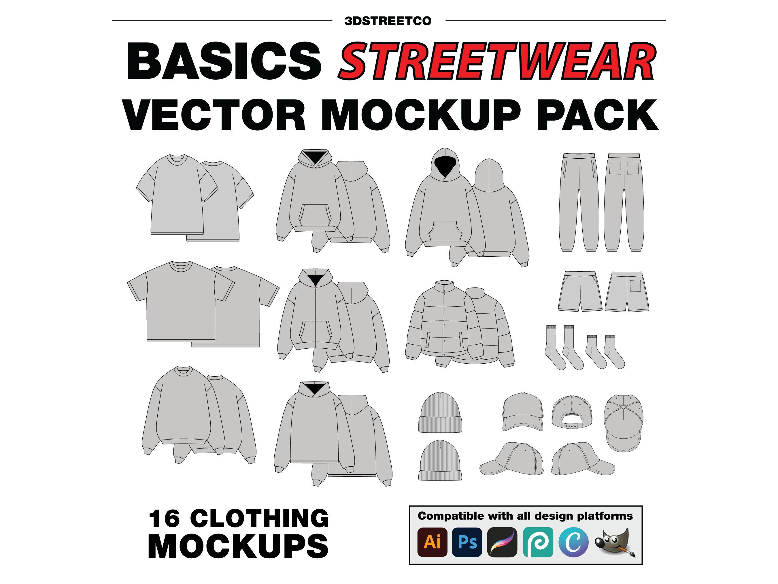 Basics Streetwear Vector Mockup-pack Template - 16 FULLY Editable Vector Mockups, Adobe Programs ...