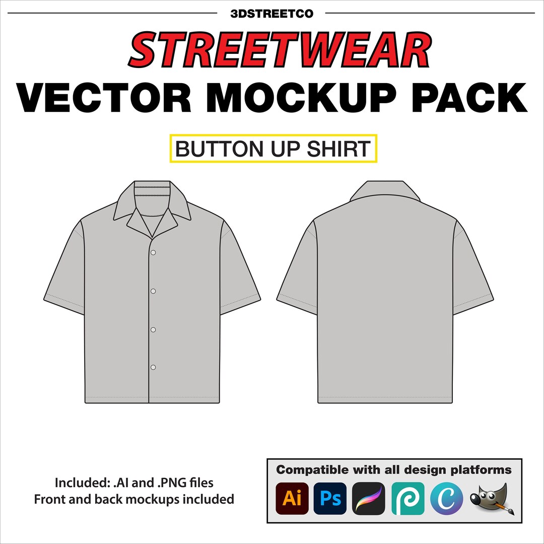 Streetwear Button up Shirt Vector Mockup (AI & PNG) - Etsy