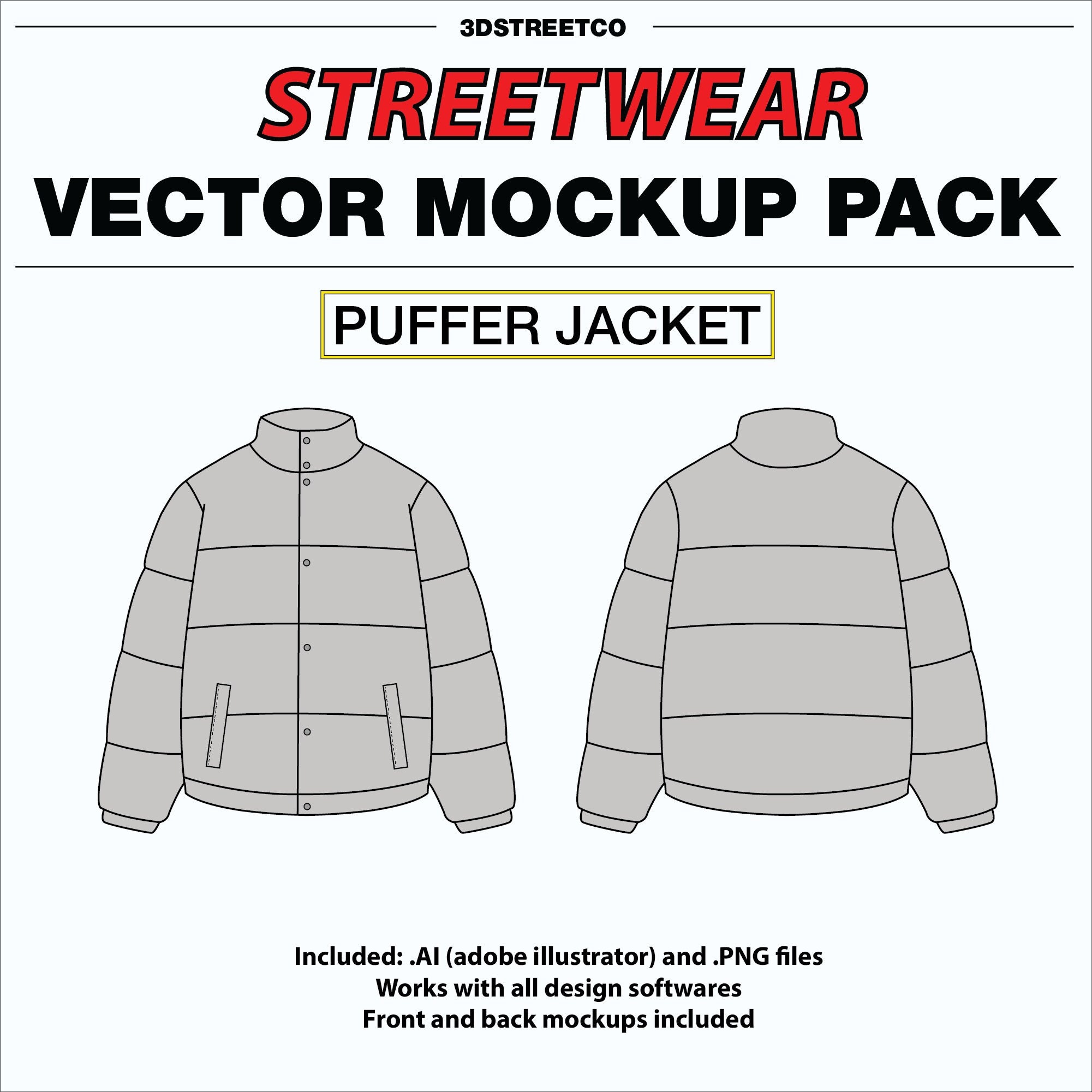 Streetwear Puffer Jacket Vector Mockup: Clothing Brand Template (.AI ...
