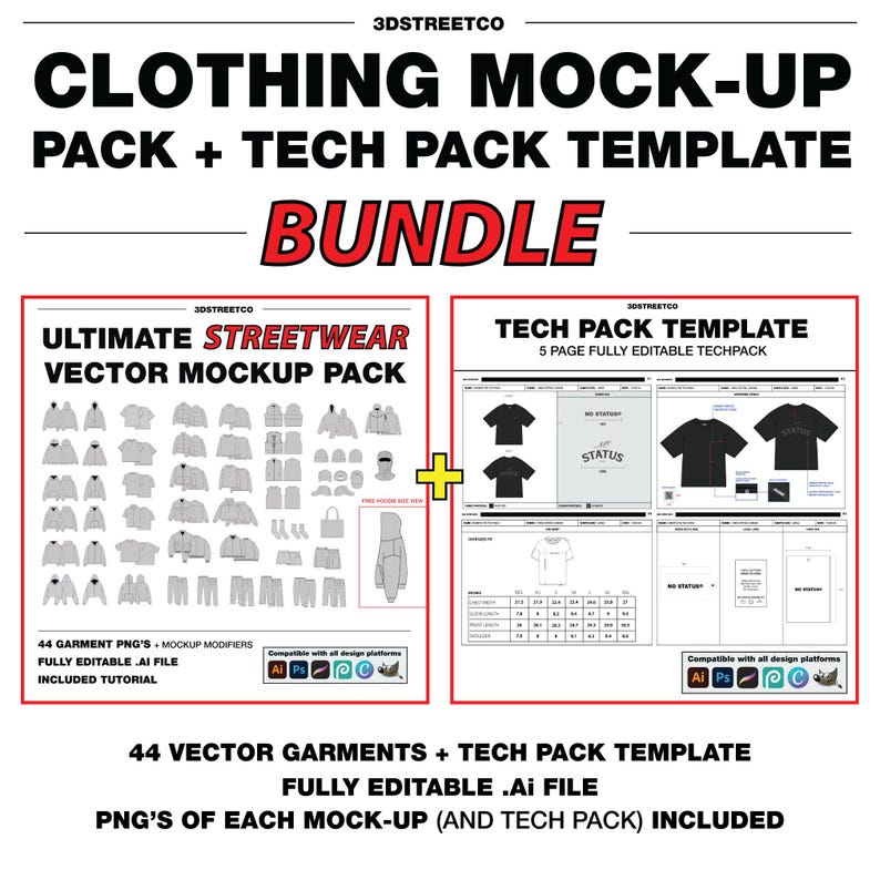 Fashion Mockup Bundle: 44 Garment Mockups + Tech Pack (AI Files) - Etsy