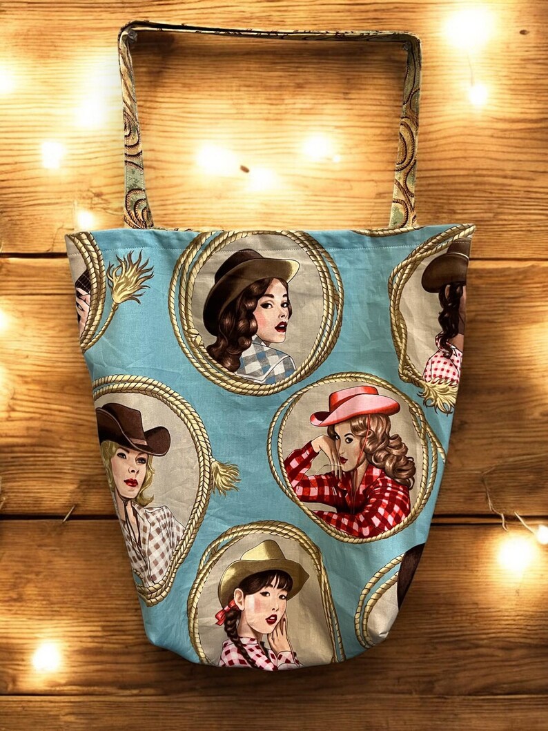 Cowgirl Pin Ups Tote Bag, Tote Bag, Alexander Henry Fabric Tote Bag ...