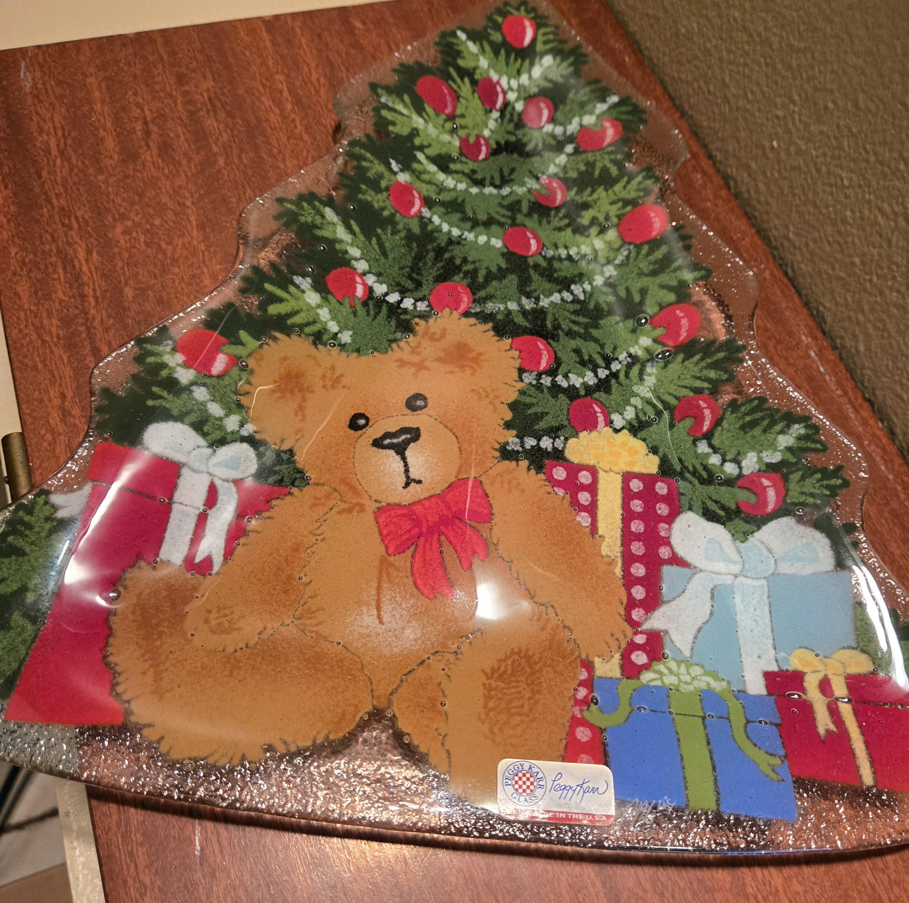 Peggy Karr Fused Glass Fused 13" Holiday Tree With Sad Teddy Bear ...