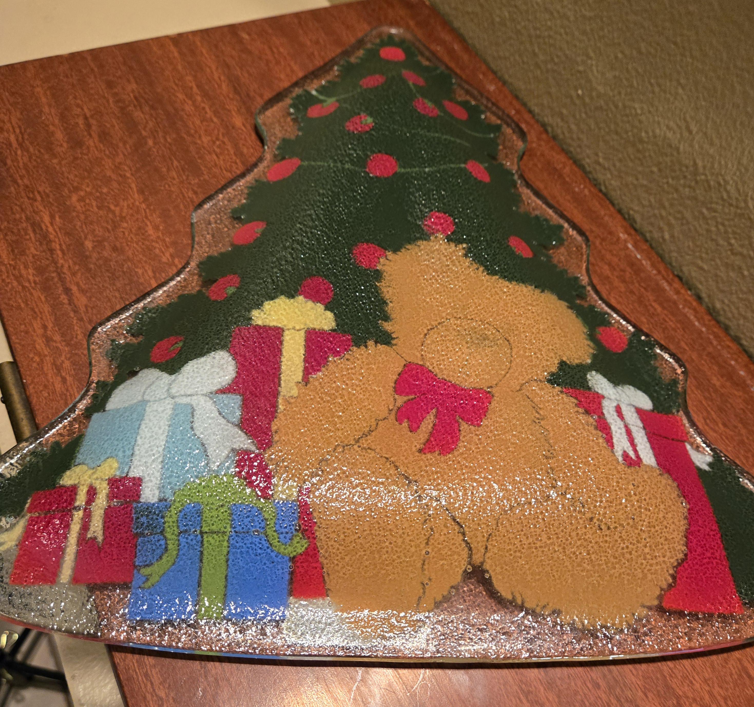 Peggy Karr Fused Glass Fused 13" Holiday Tree With Sad Teddy Bear ...