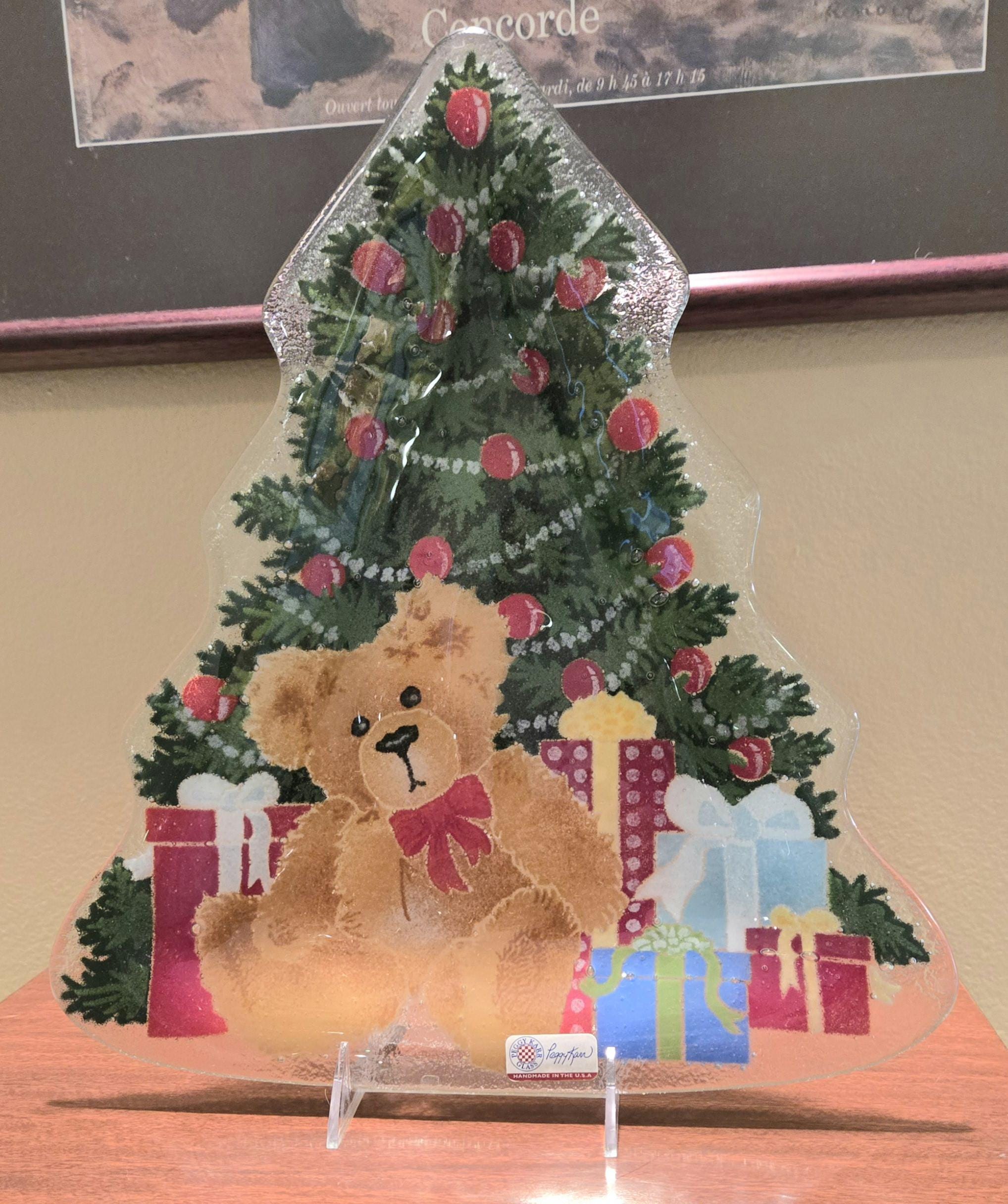 Peggy Karr Fused Glass Fused 13" Holiday Tree With Sad Teddy Bear ...