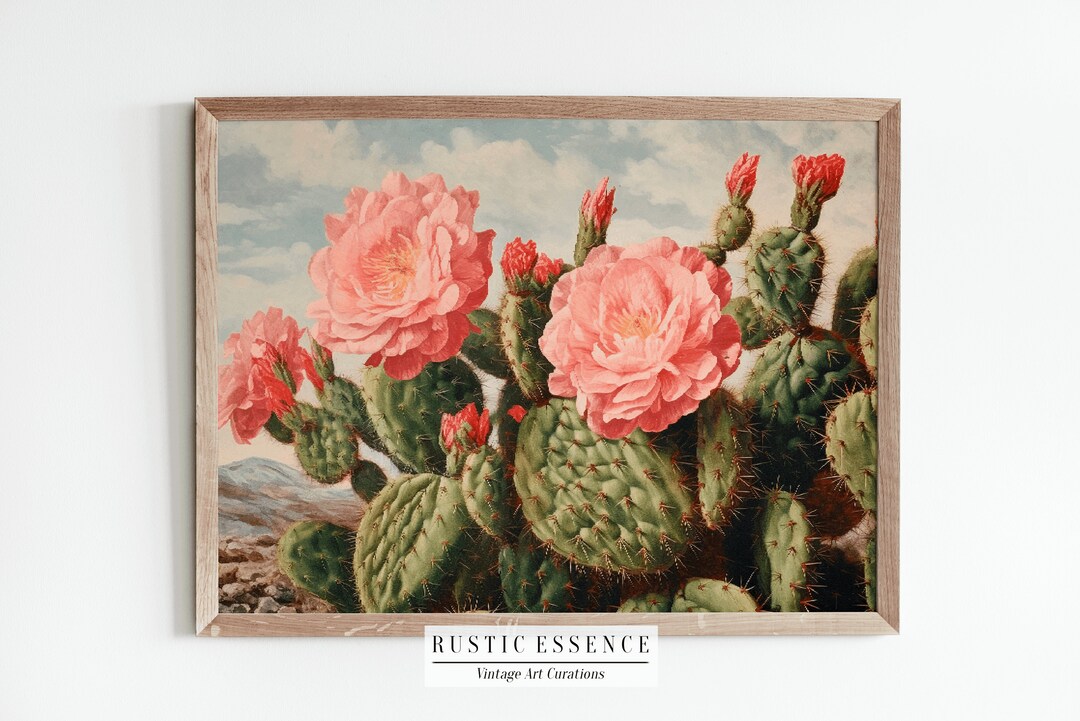Rustic Flowering Cactus Oil Painting | Antique Botanical Poster ...