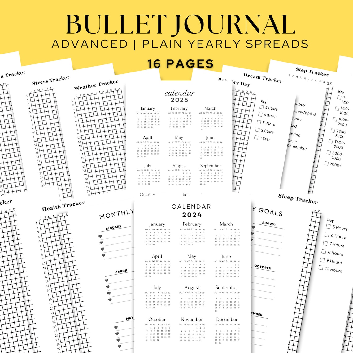 Bullet Journal Pages Printable, Advanced Yearly Tracker, Pre-made BUJO ...