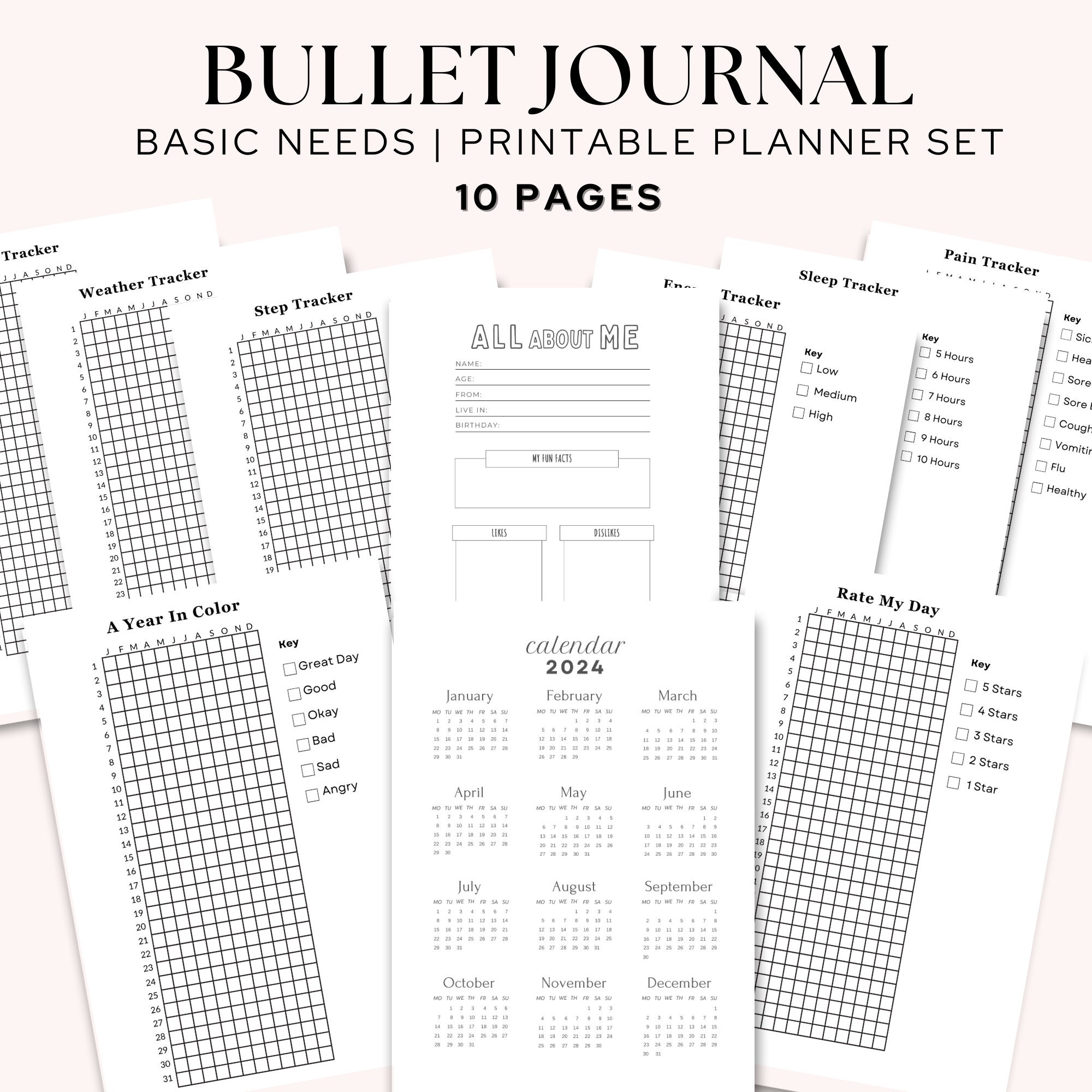Printable Bullett Journal, Bullett Journal Pages, BUJO 2024 Yearly ...