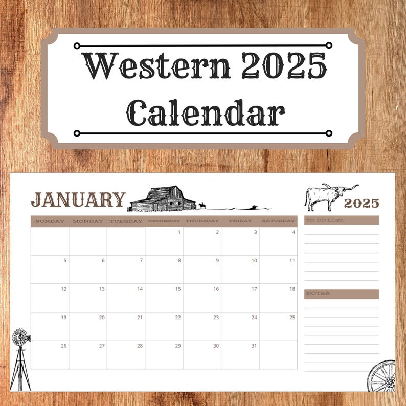 Western Theme 2025 Calendar | Calendar, Western Aesthetic Calendar ...