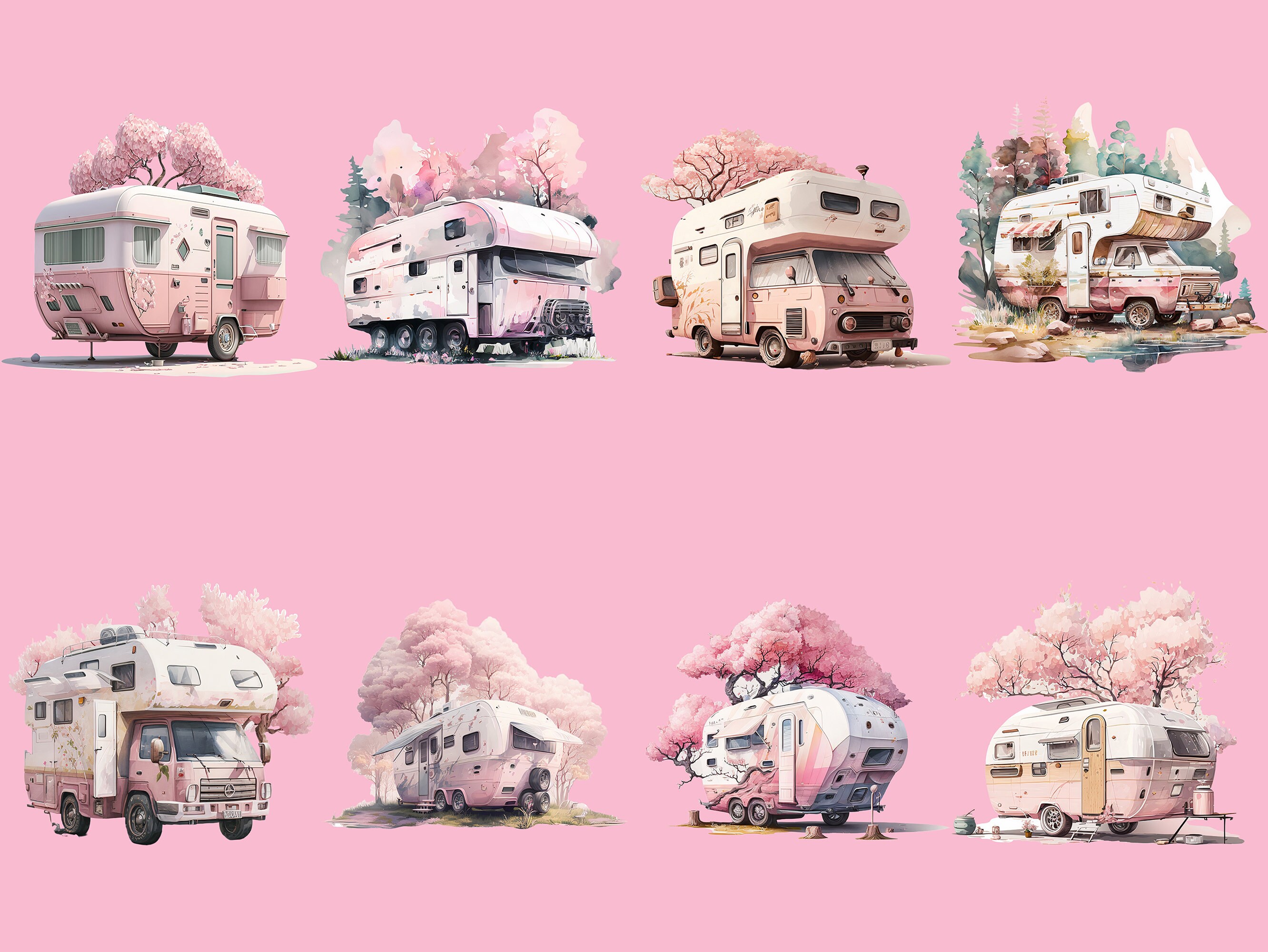 Watercolor Pink Camper Truck PNG Clip Art Bundle, Scrapbooking Clipart ...