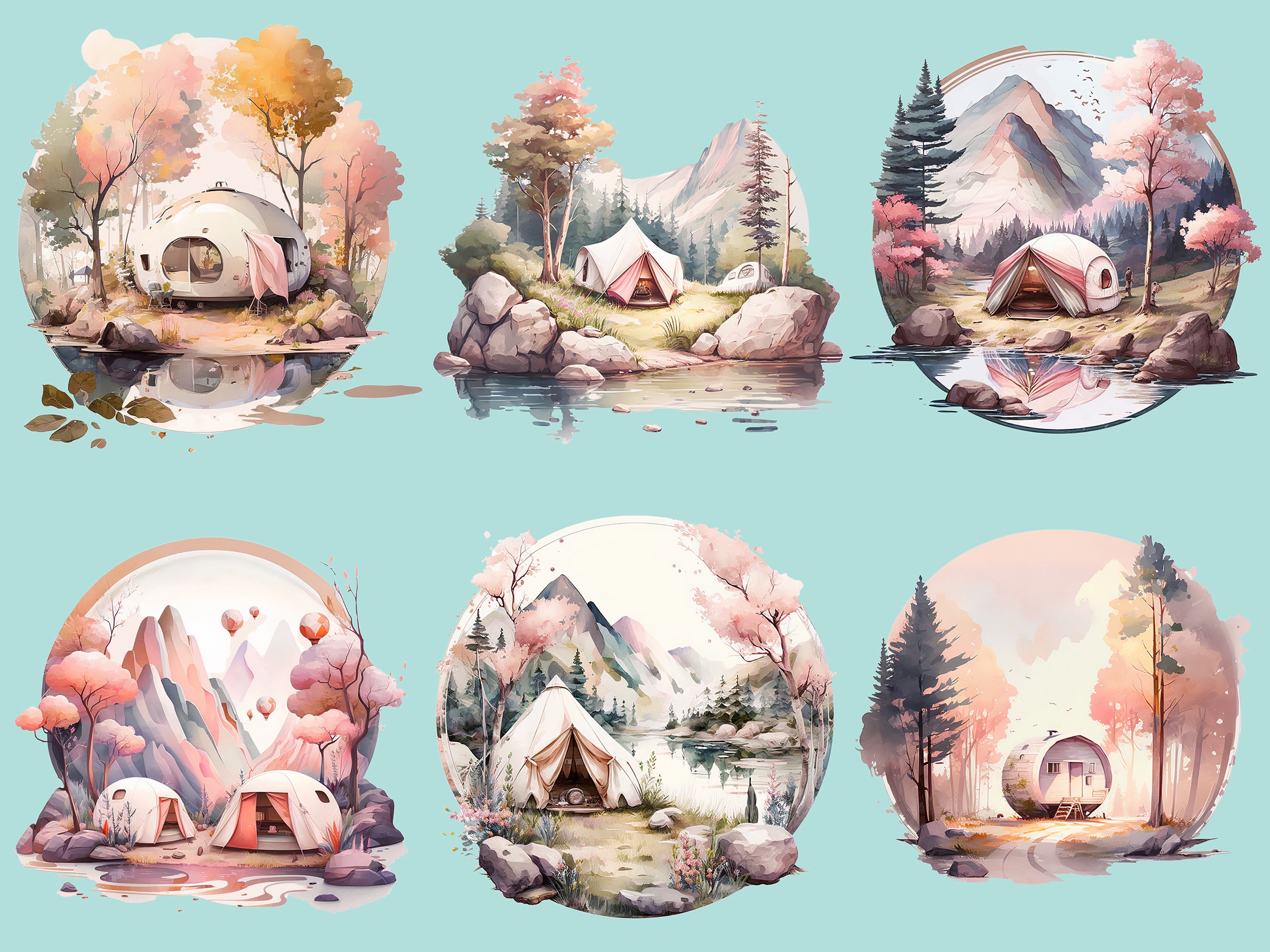 Watercolor Camping in the Woods PNG Clipart Bundle, Scrapbooking, Camp ...
