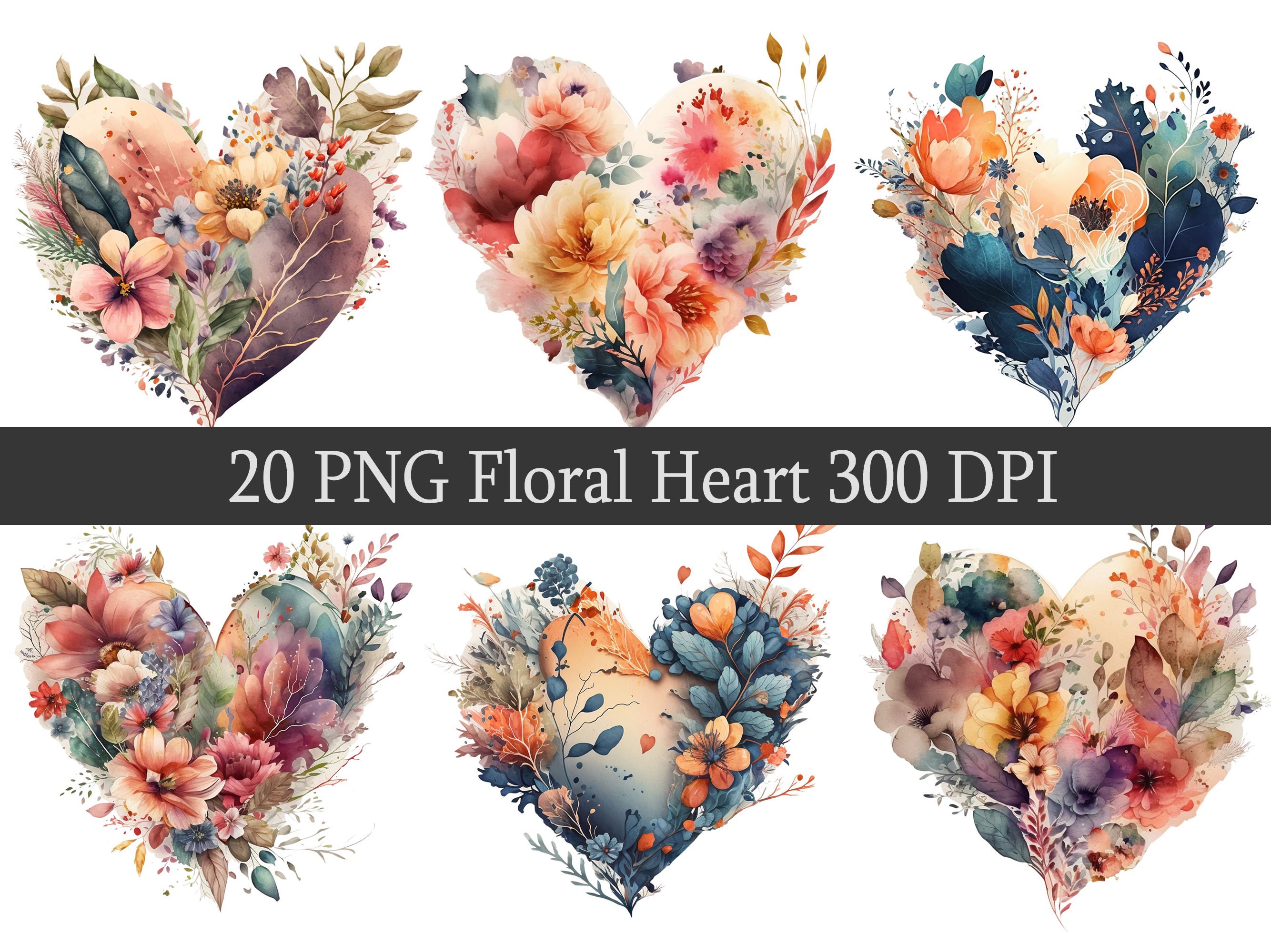 Watercolor Floral Hearts PNG Clipart Bundle Scrapbooking - Etsy