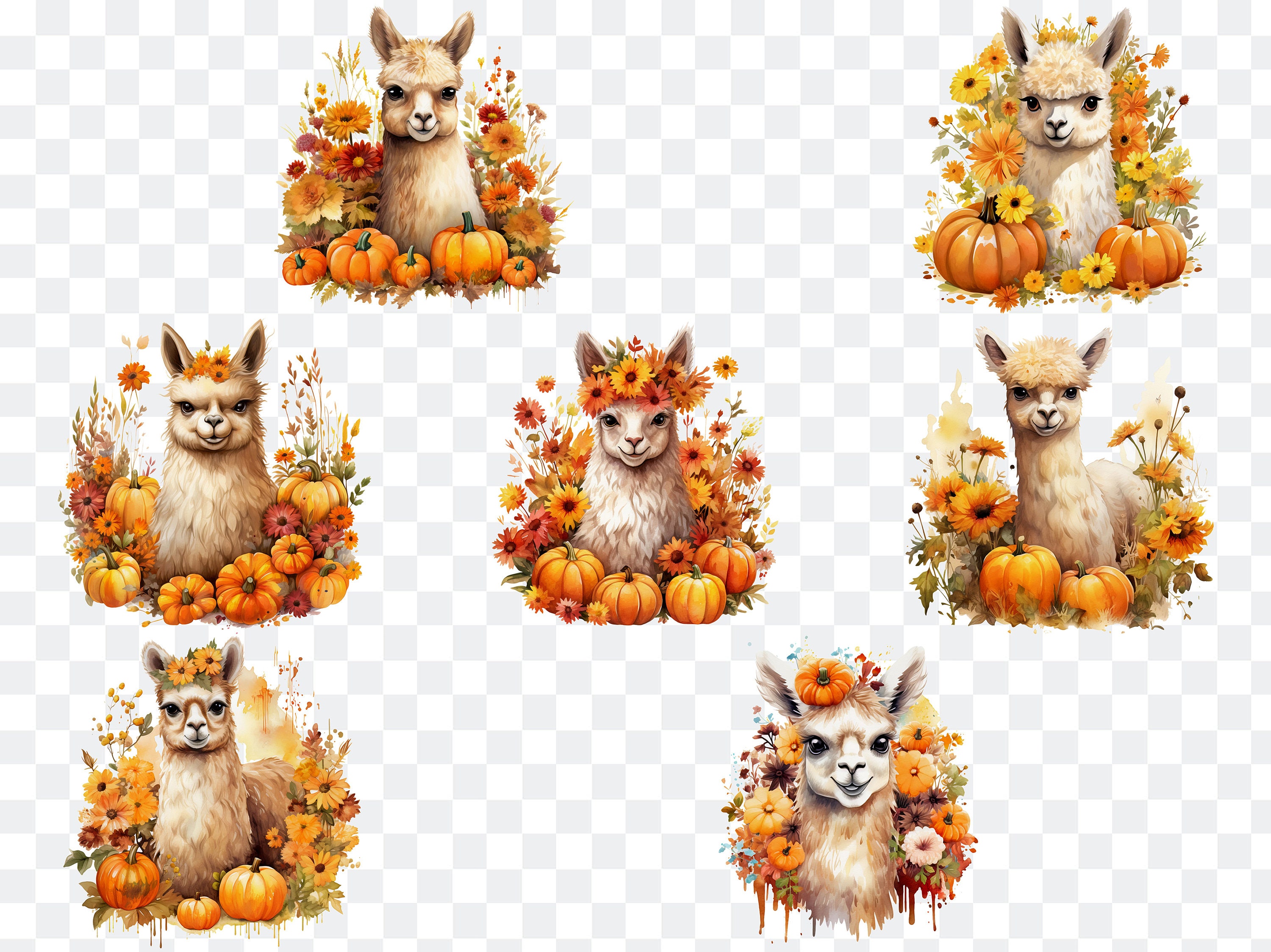 Watercolor Autumn Lama PNG Clipart Bundle, Instant Download, Cute Lama ...