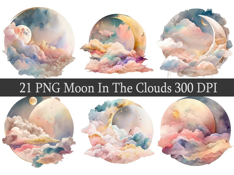 Moon in the Clouds PNG Clipart Bundle Scrapbooking Moon and - Etsy