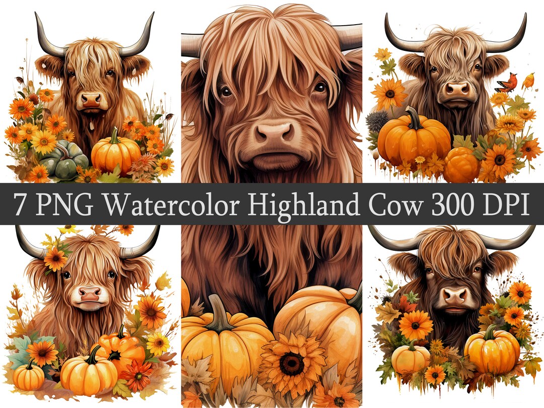 Watercolor Autumn Highland Cow PNG Clipart Bundle, Instant Download ...