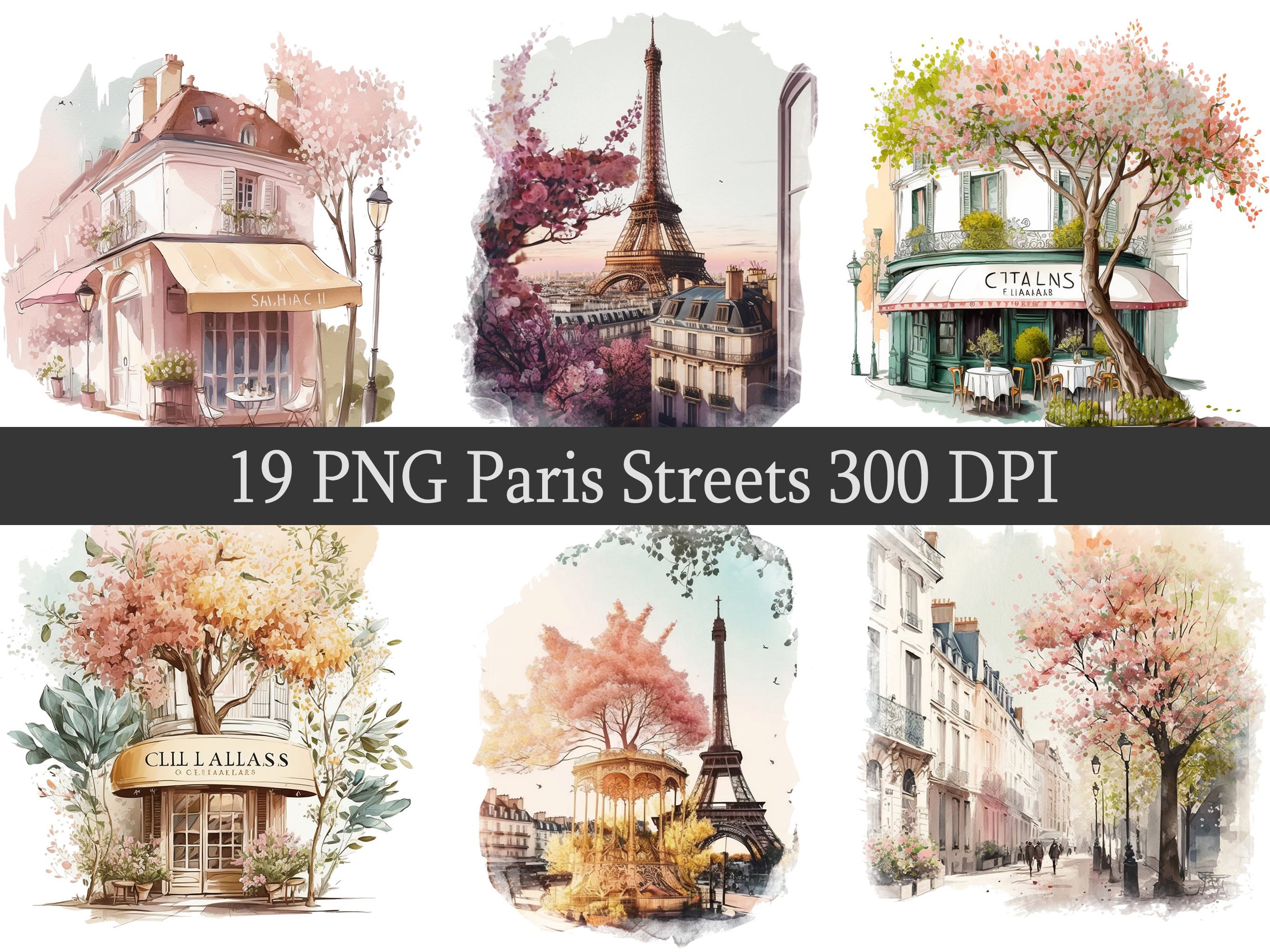 Watercolor Paris Streets PNG Clipart Bundle, Scrapbooking, Eiffel Tower ...