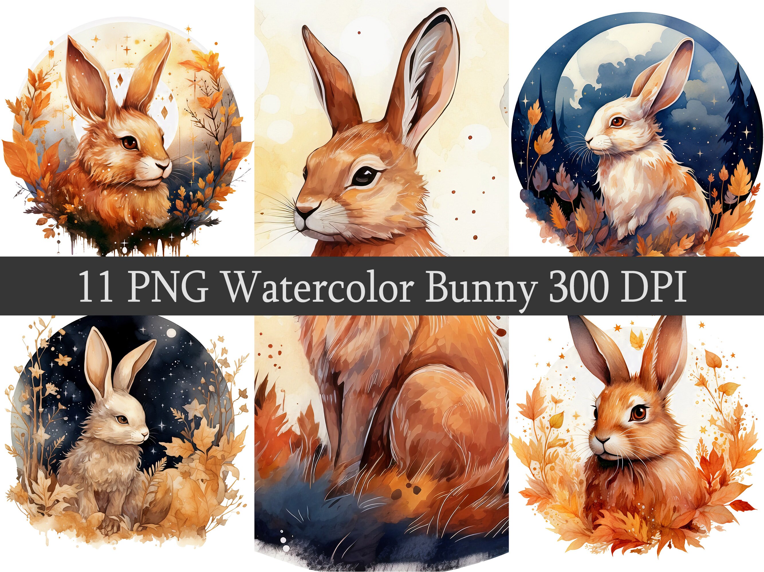 Watercolor Autumn Celestial Bunny PNG Clipart Bundle, Instant Download ...