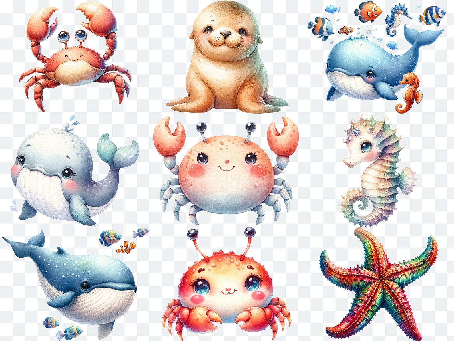 Watercolor Baby Sea Animals Clipart PNG Clipart Bundle, Instant ...