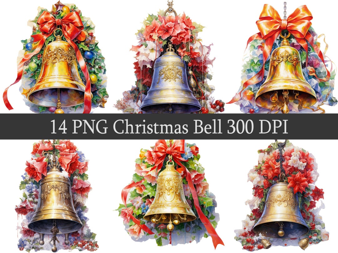 Watercolor Christmas Bell PNG Clipart Bundle, Instant Download ...