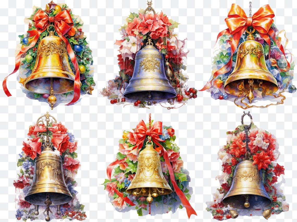 Watercolor Christmas Bell PNG Clipart Bundle Instant - Etsy