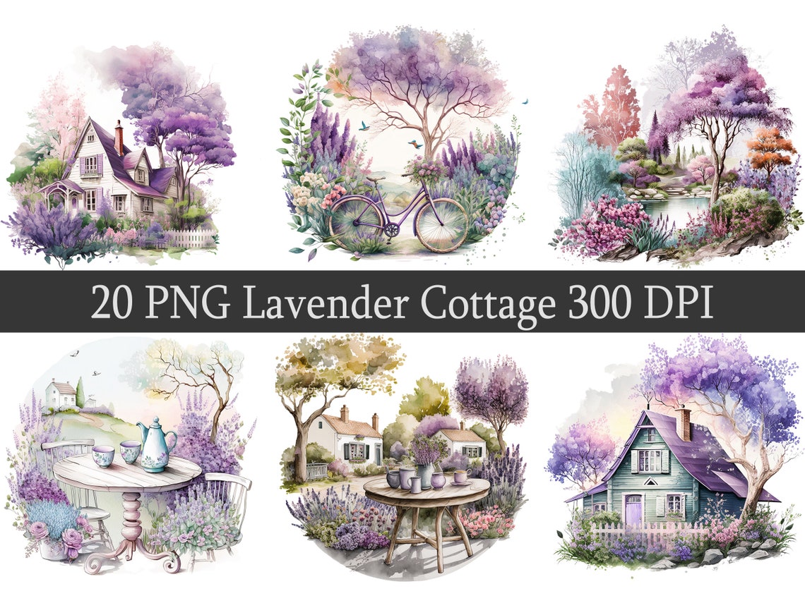 Watercolor Lavender Cottage PNG Clipart Bundle, Landscape Clip Art ...