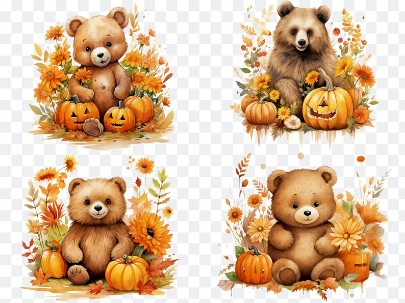 Watercolor Autumn Bear PNG Clipart Bundle, Instant Download, Cute Bear ...