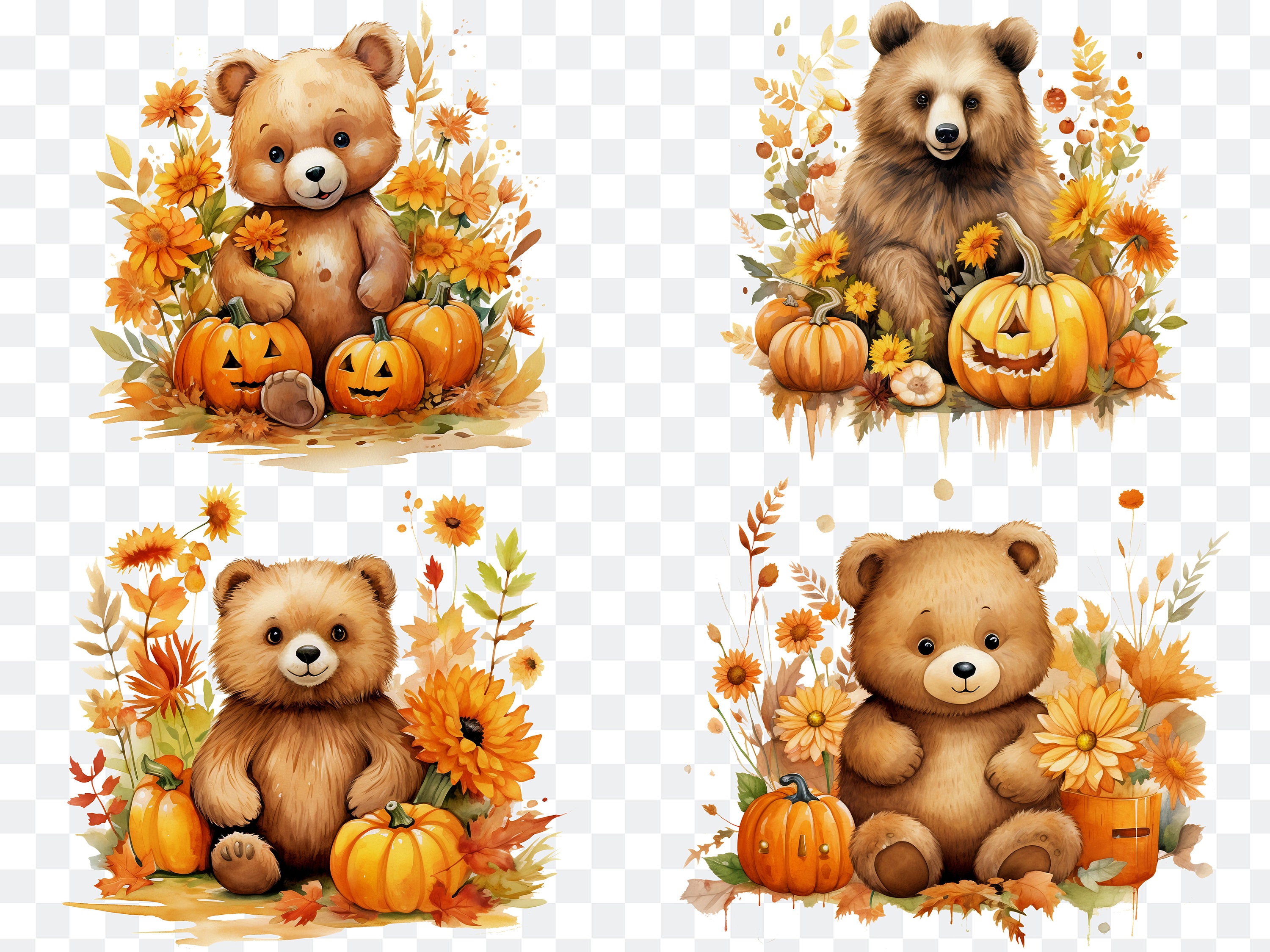 Watercolor Autumn Bear PNG Clipart Bundle, Instant Download, Cute Bear ...