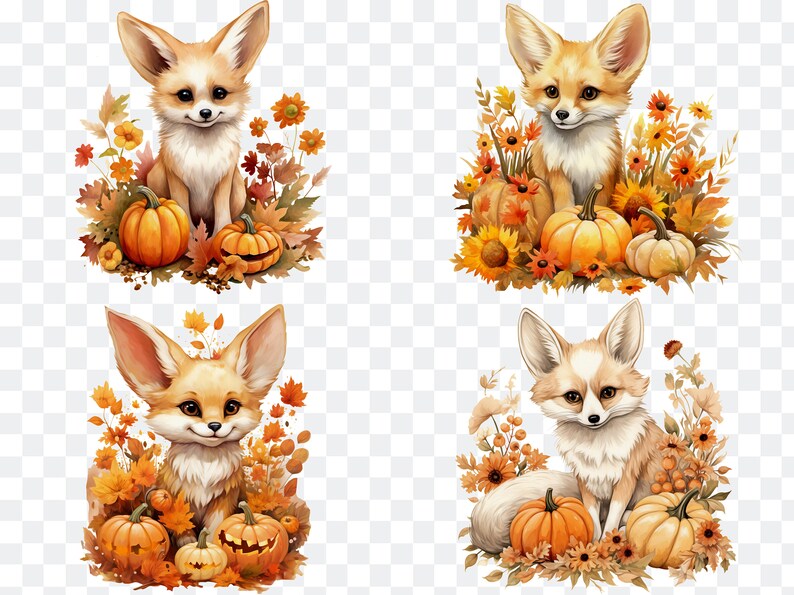 Watercolor Autumn Fennec Fox PNG Clipart Bundle, Instant Download, Cute ...