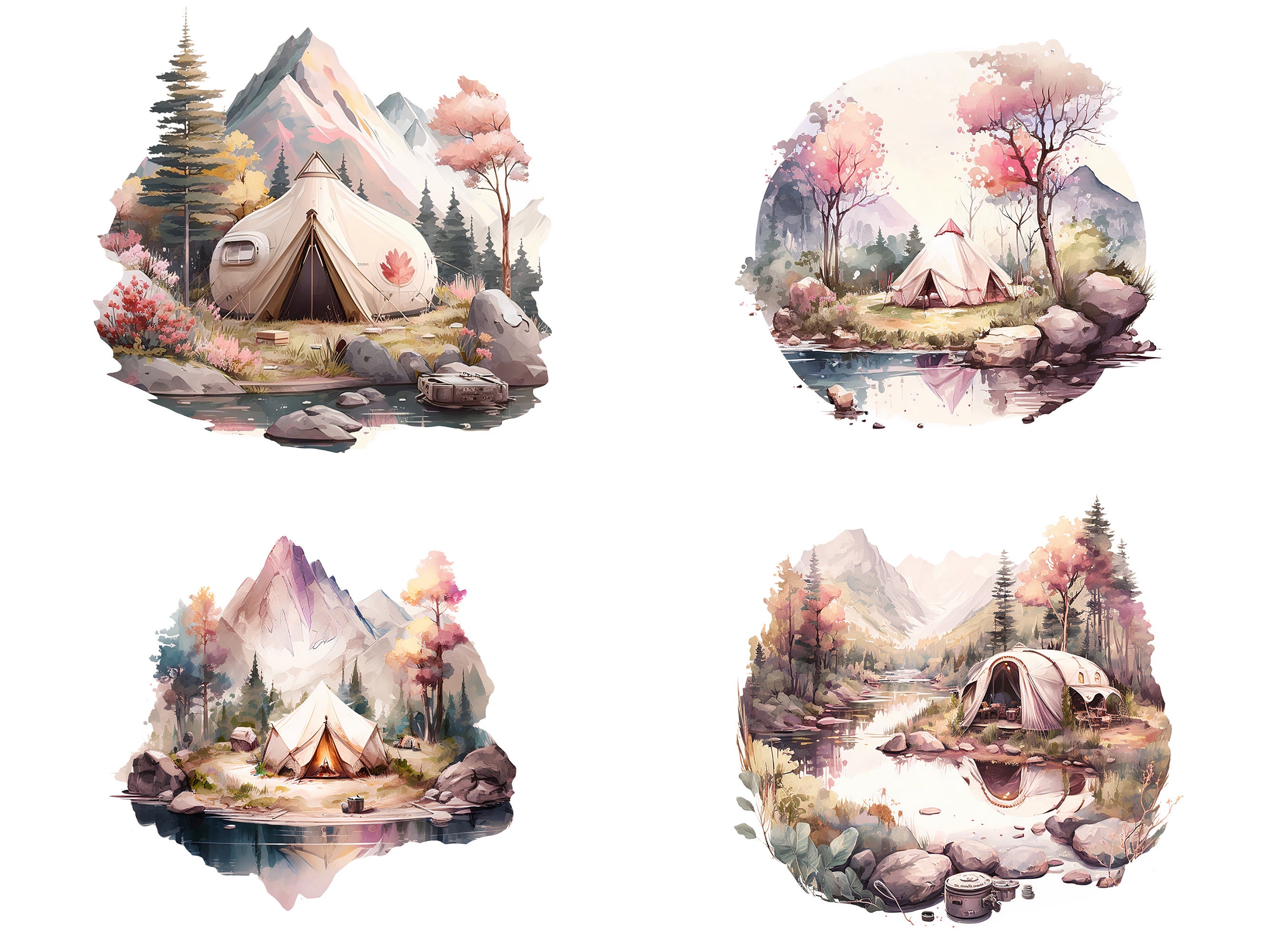 Watercolor Camping in the Woods PNG Clipart Bundle, Scrapbooking, Camp ...