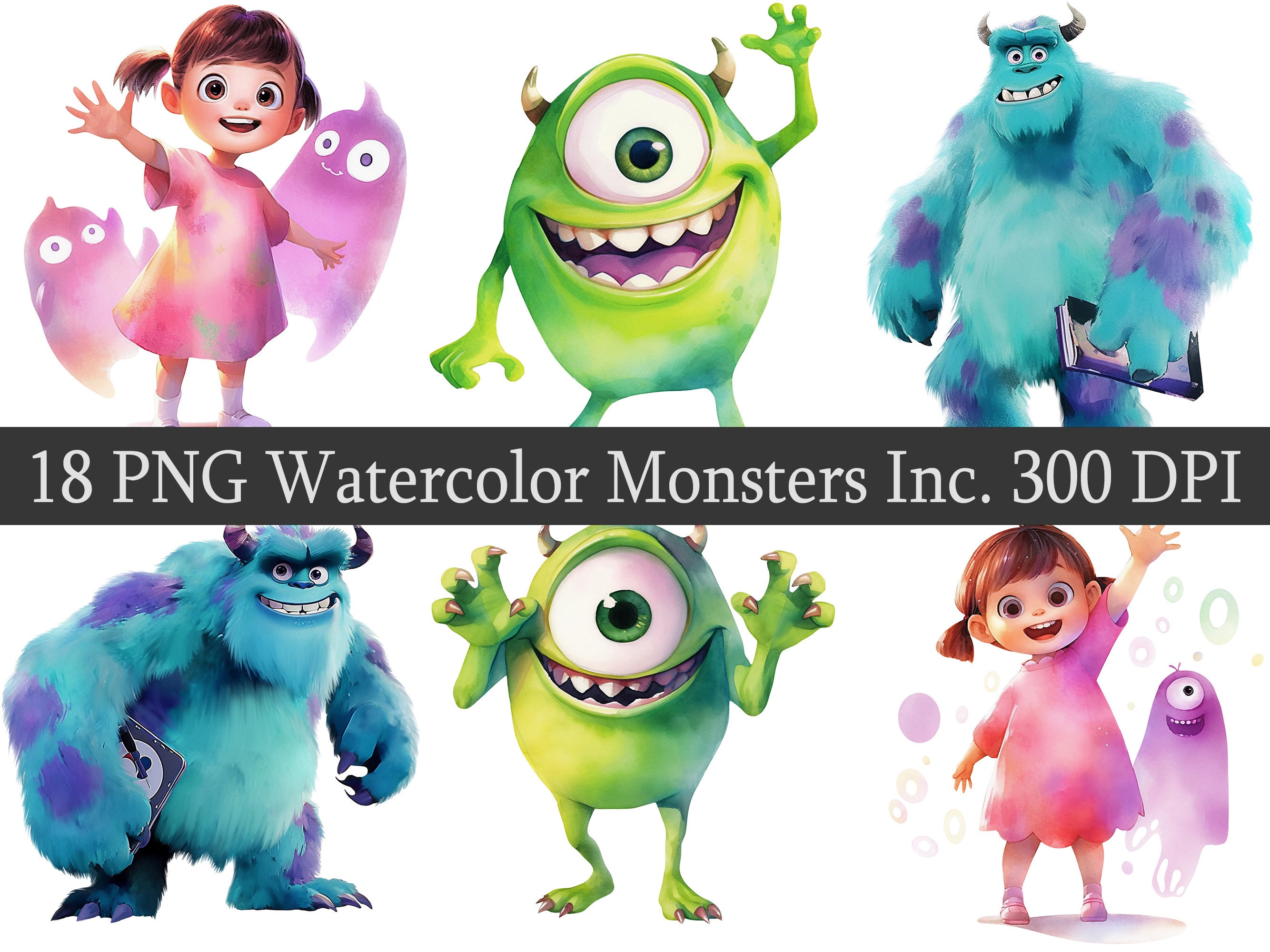 Watercolor Monsters PNG Clipart Bundle, Scrapbooking, Cartoon Fan Art ...