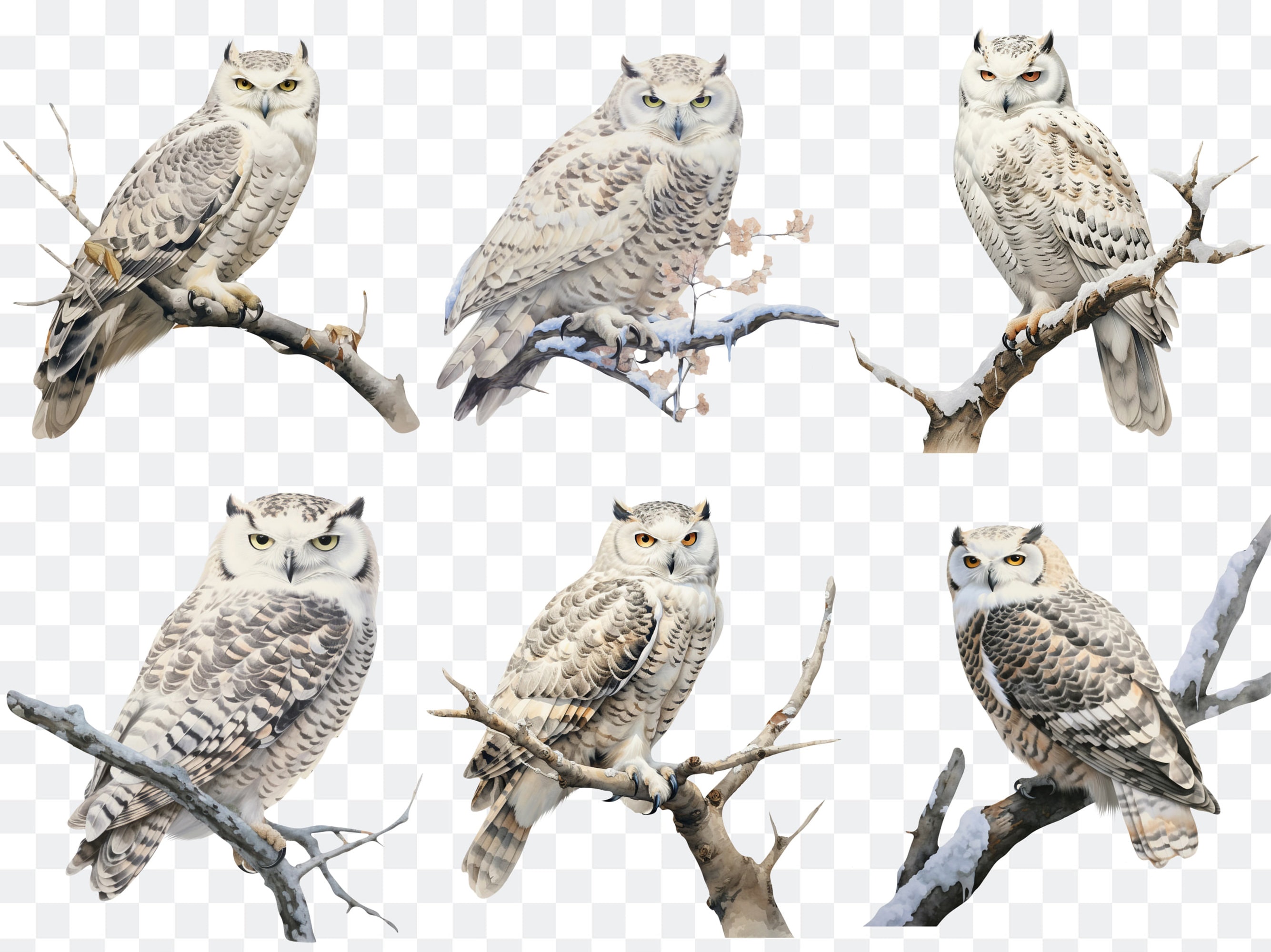 Watercolor Snowy Owl PNG Clipart Bundle Instant Download - Etsy