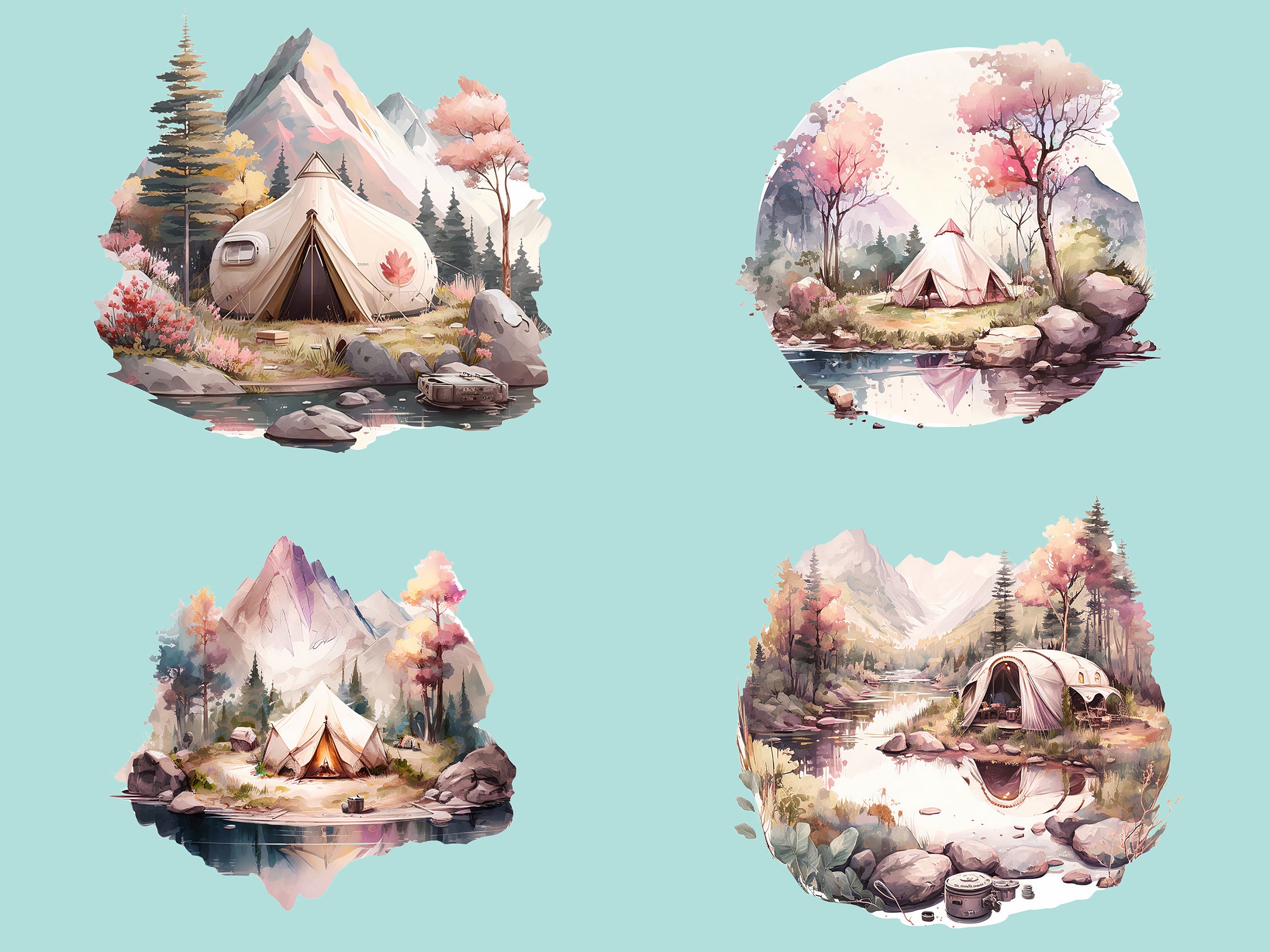 Watercolor Camping in the Woods PNG Clipart Bundle, Scrapbooking, Camp ...