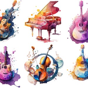 Watercolor Musical Instruments PNG Clipart Bundle, Scrapbooking, Guitar ...