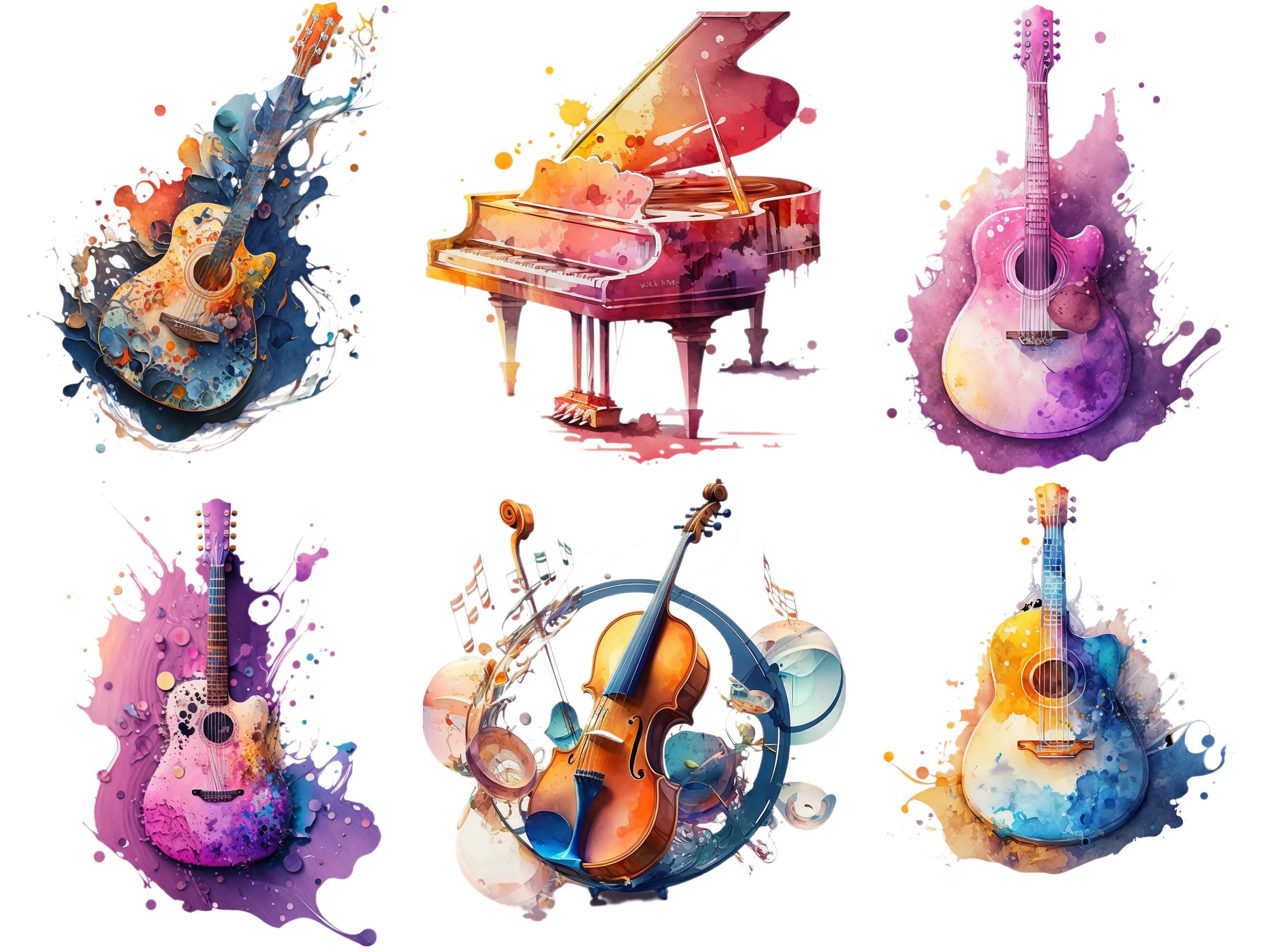 Watercolor Musical Instruments PNG Clipart Bundle, Scrapbooking, Guitar ...