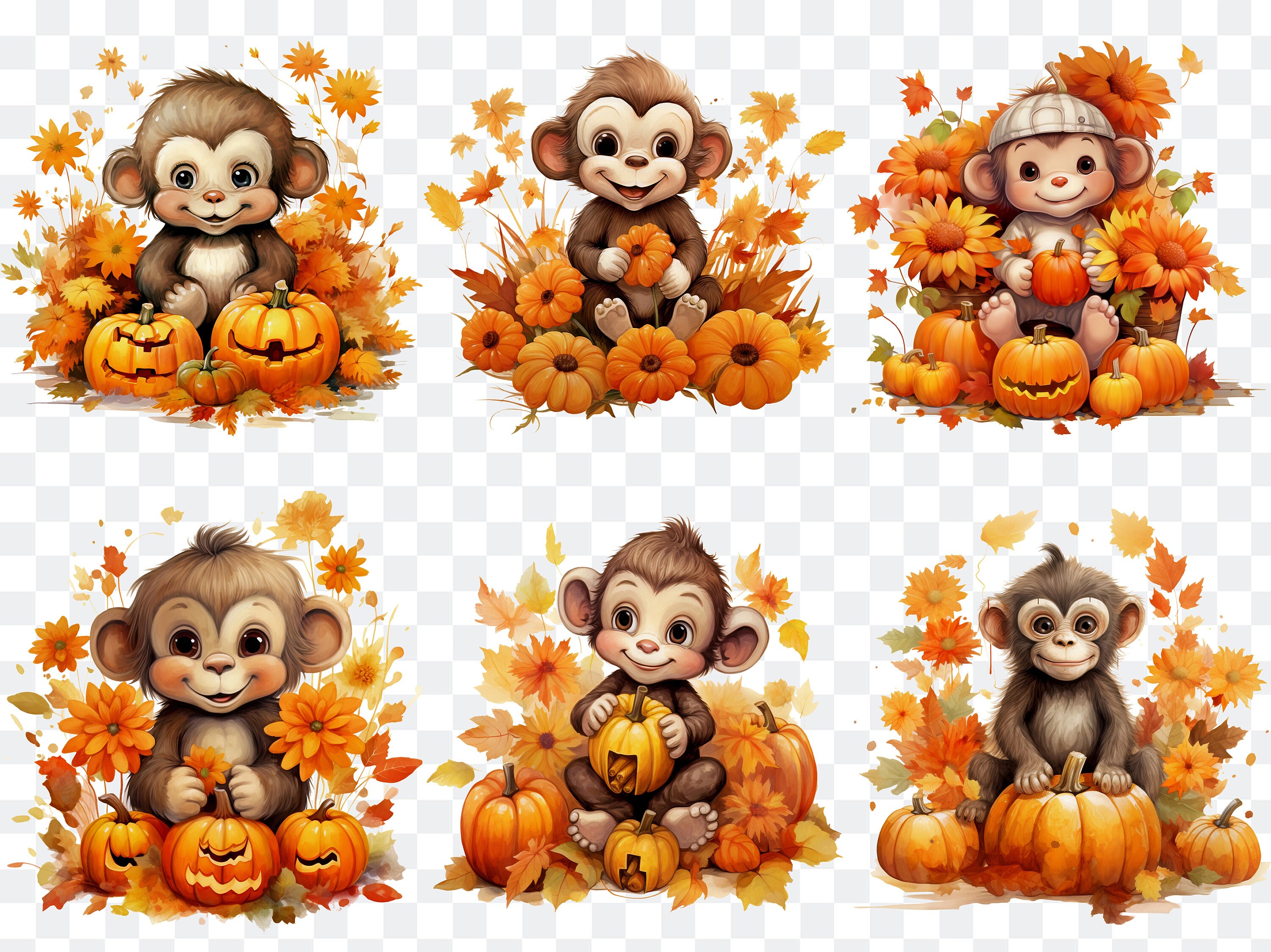 Watercolor Autumn Monkey PNG Clipart Bundle Instant Download - Etsy