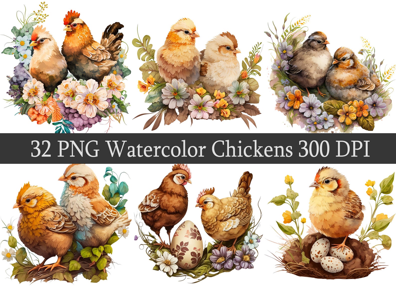 Watercolor Chickens PNG Clipart Bundle, Scrapbooking, Easter Eggs ...