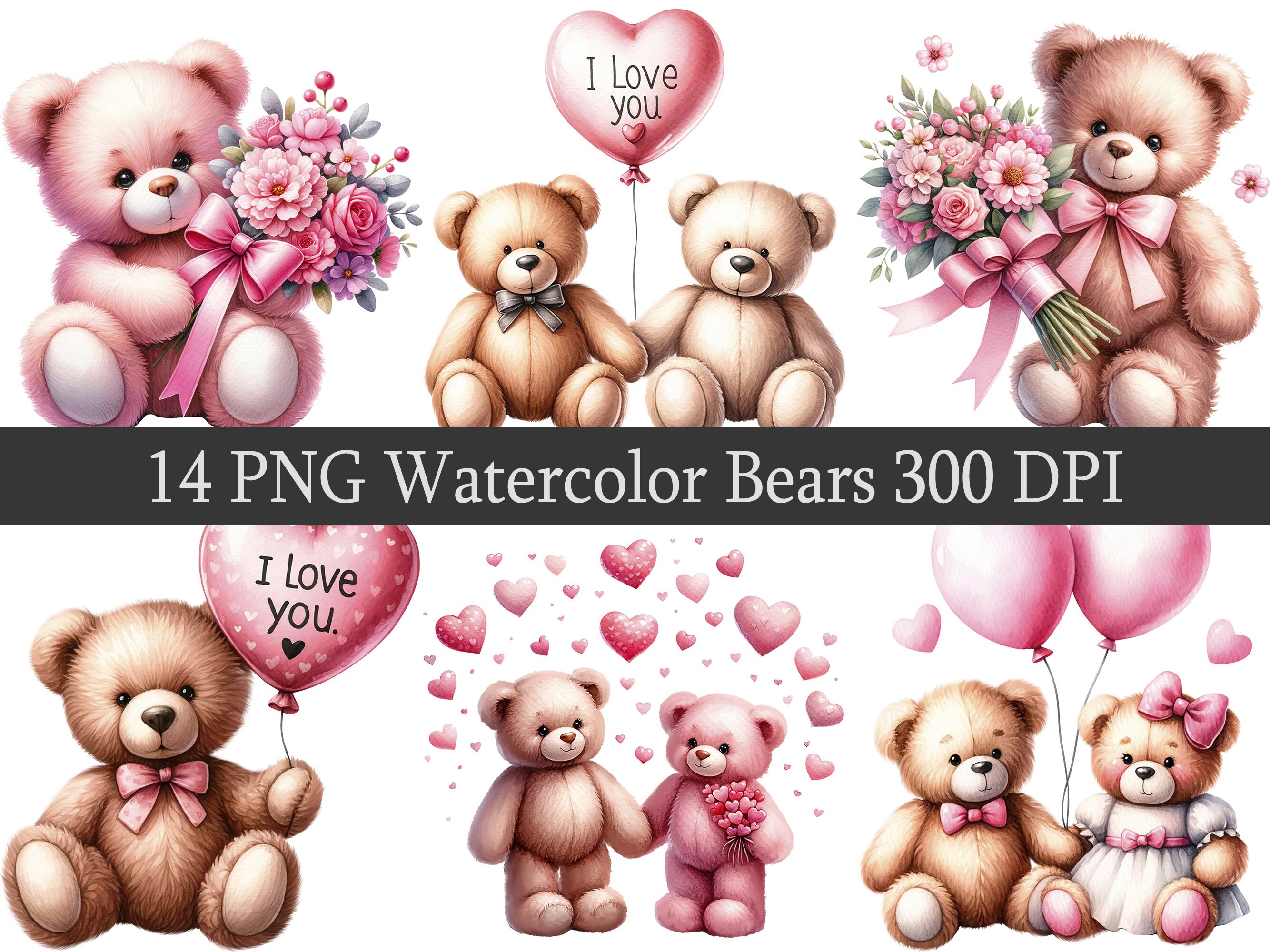 Watercolor Teddy Bears Clipart PNG Clipart Bundle, Instant Download, Teddy Bear, Valentines Day ...