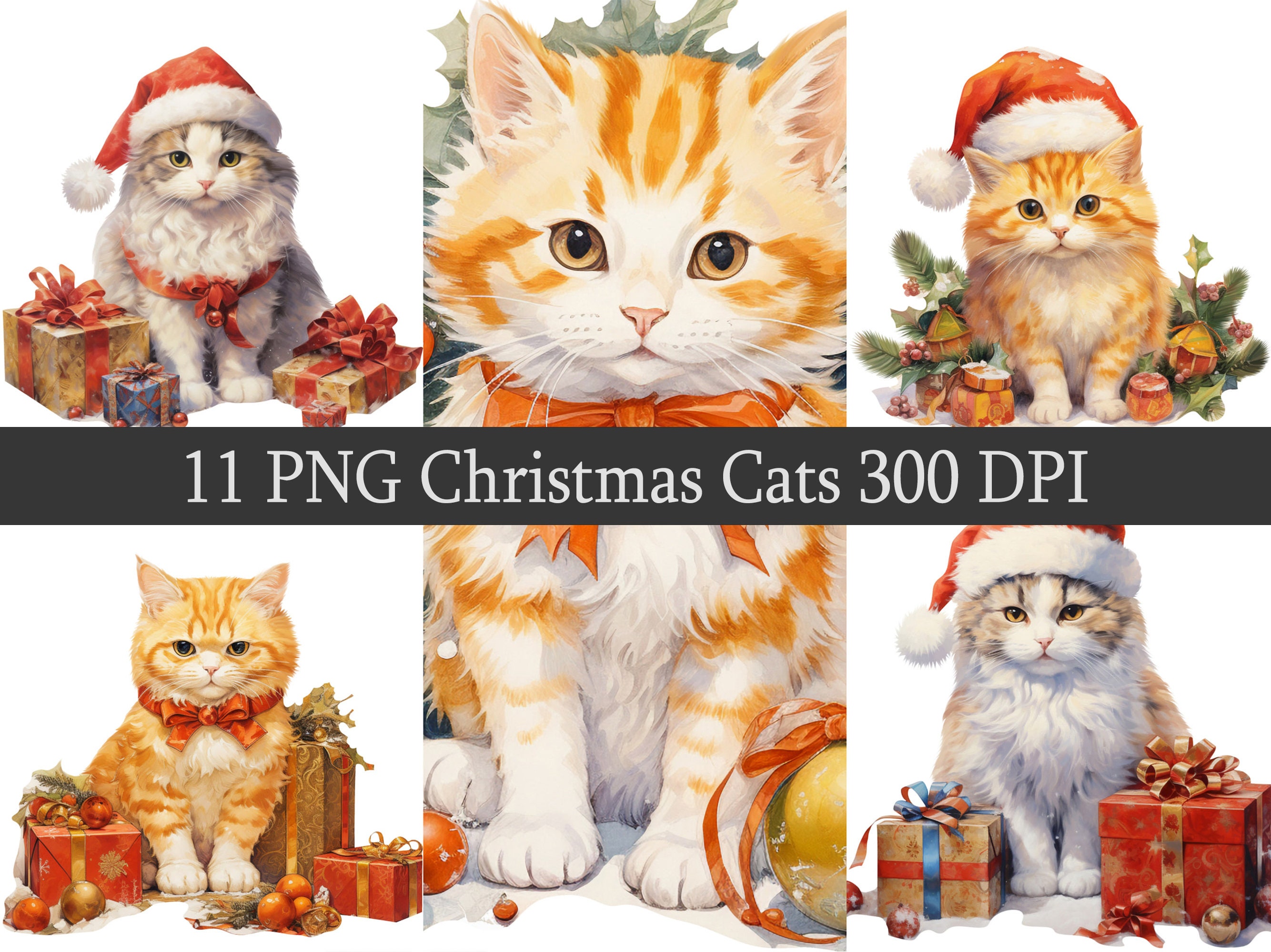 Watercolor Christmas Cat PNG Clipart Bundle Instant Download - Etsy