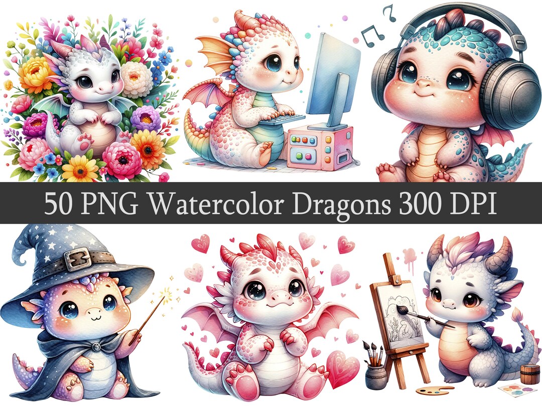 Watercolor Dragons Clipart Bundle: Magical Nursery Art (PNG Digital ...