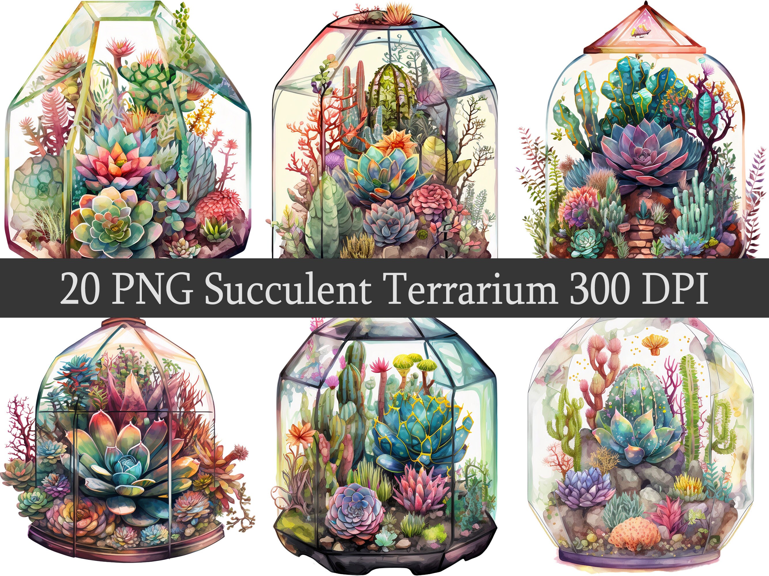 Watercolor Succulent Terrarium PNG Clipart Bundle House - Etsy