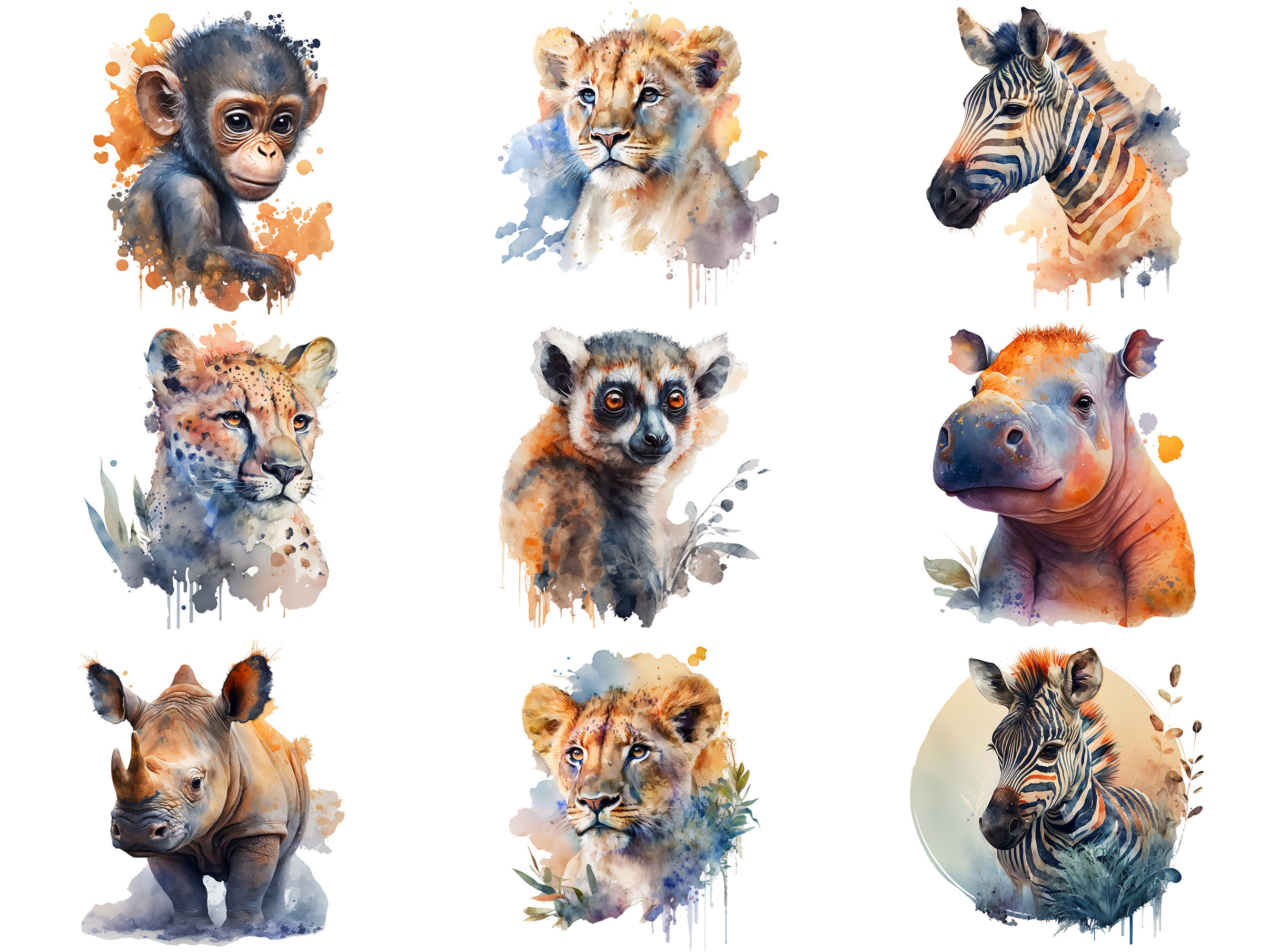 Watercolor Safari Animals PNG Clipart Bundle, Africa Wild Animals, Lion ...