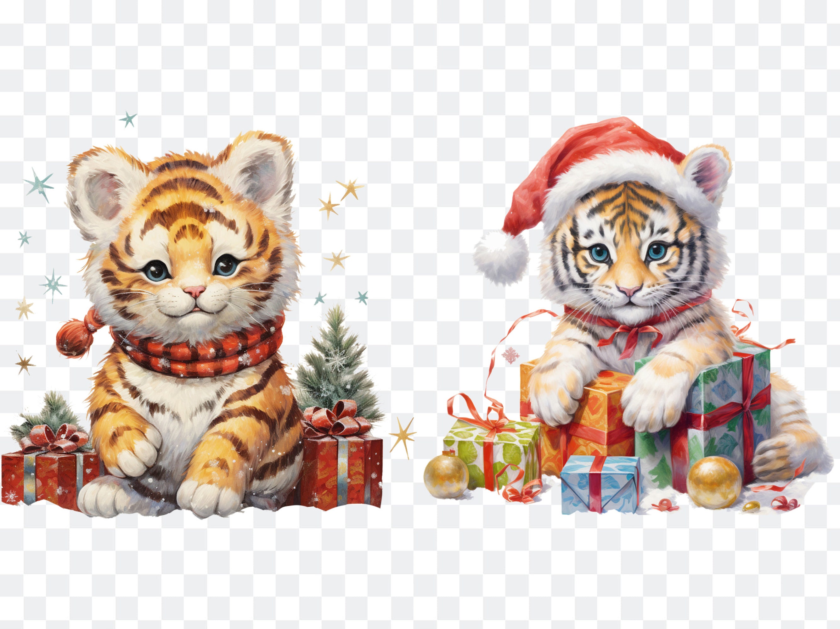 Watercolor Christmas Tiger PNG Clipart Bundle Instant - Etsy