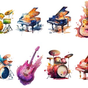 Watercolor Musical Instruments PNG Clipart Bundle, Scrapbooking, Guitar ...