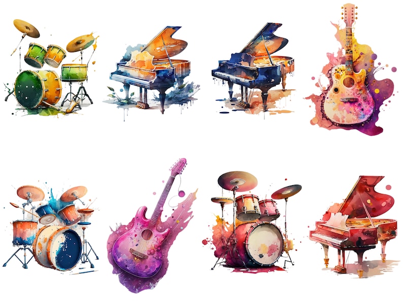 Watercolor Musical Instruments PNG Clipart Bundle - Etsy