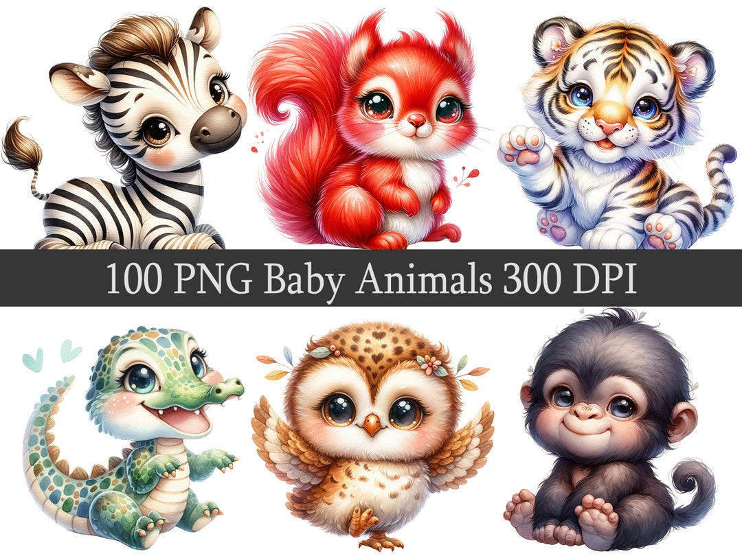 Watercolor Baby Animals Clipart PNG Clipart Bundle, Jungle Animals ...