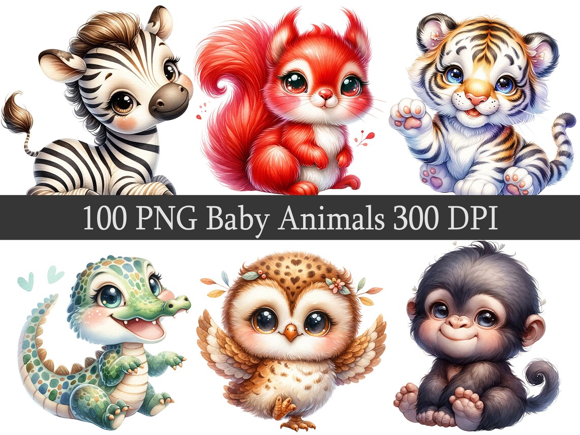 Watercolor Baby Animals Clipart PNG Clipart Bundle, Jungle Animals ...